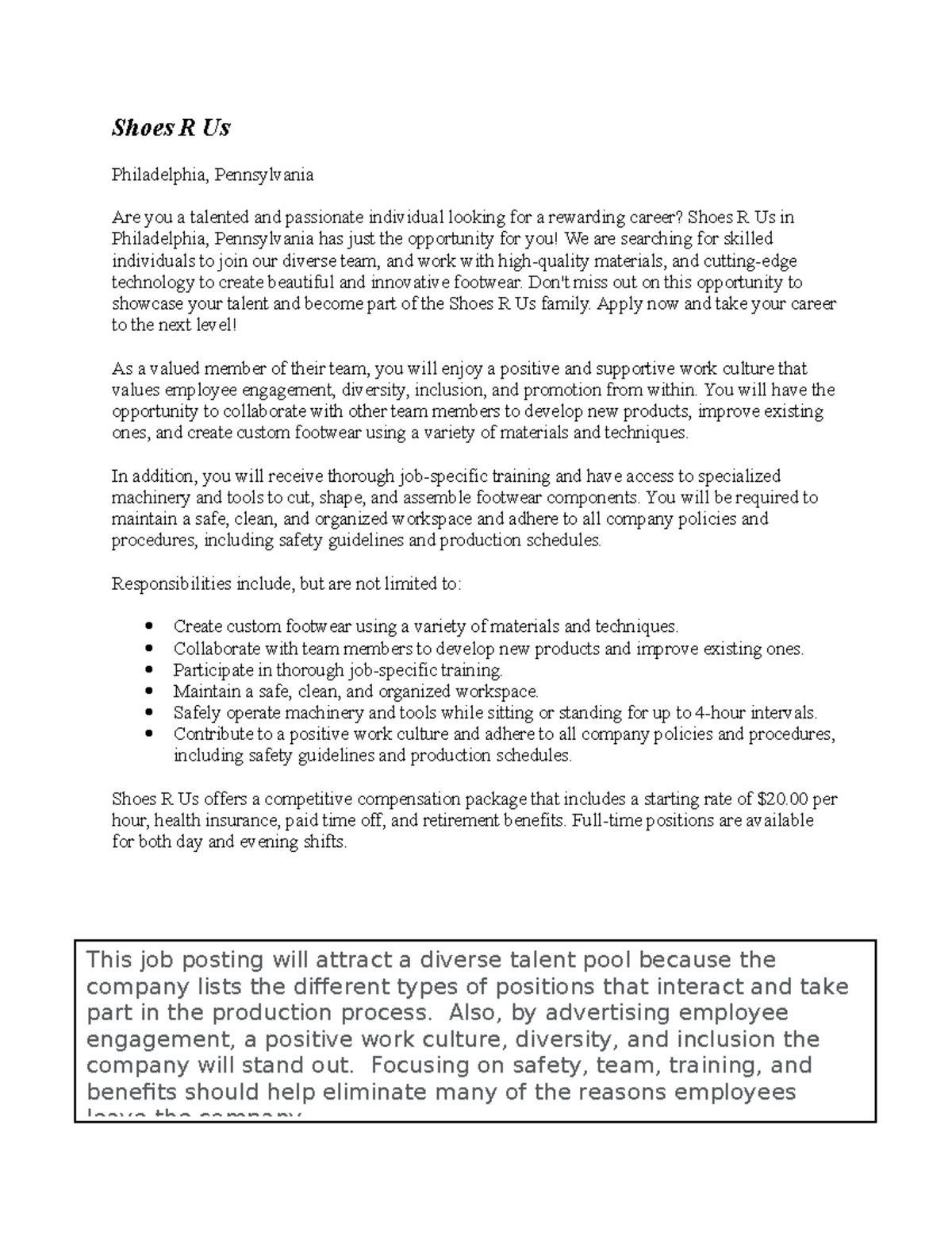 HRM 300 - Milestone 1 - Job Description - Shoes R Us Philadelphia ...