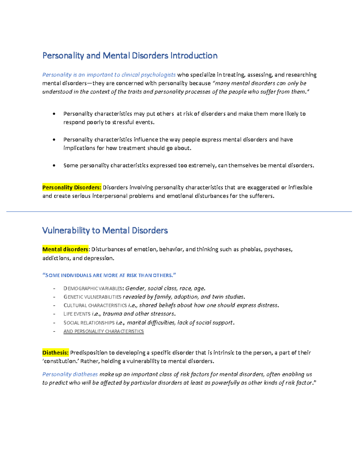 Week 10 Notes Personality and Mental Disorder - Personality and Mental ...