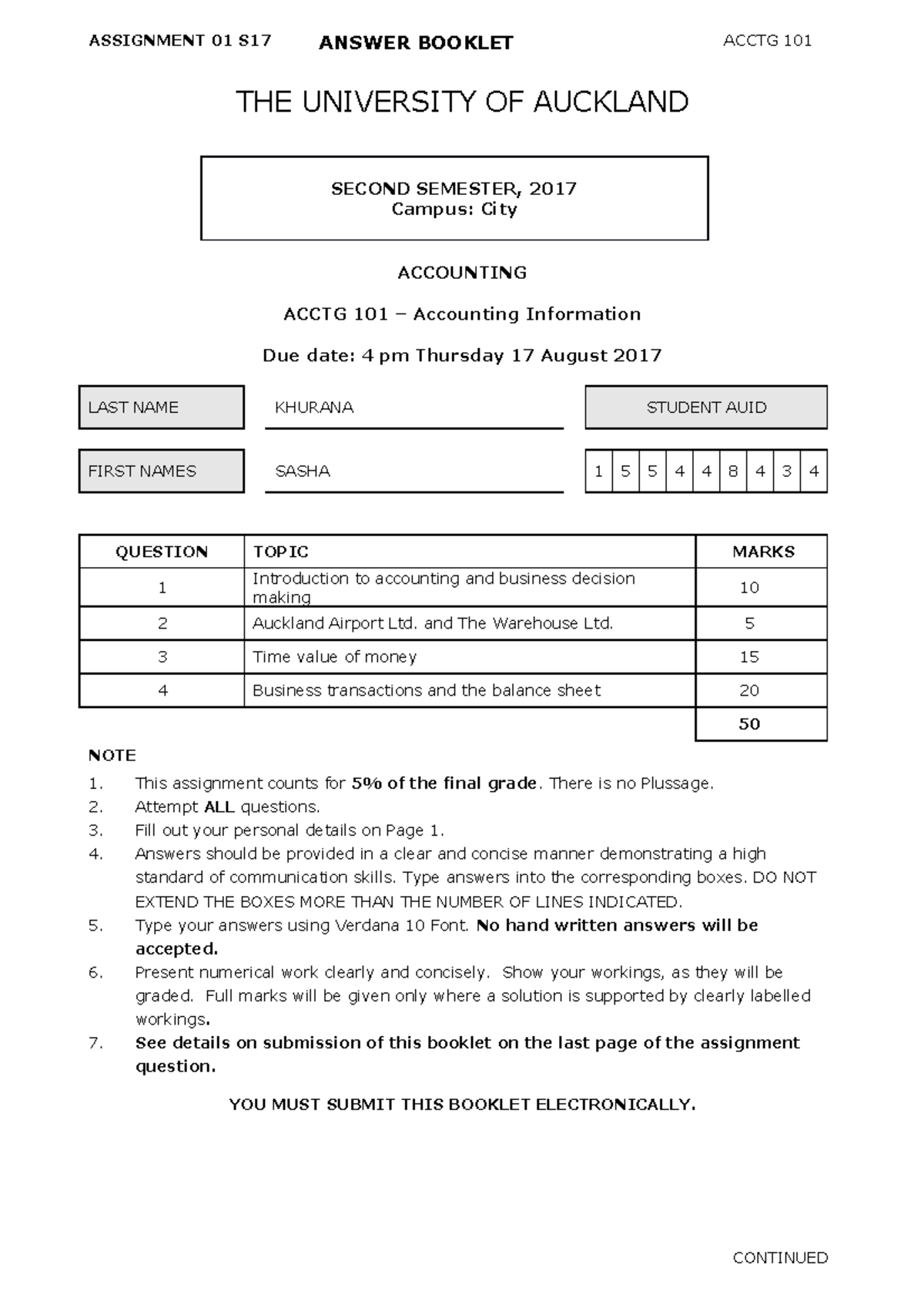 Assignment 01 SC17 - Answer Booklet - ASSIGNMENT 01 S17 ANSWER BOOKLET ...
