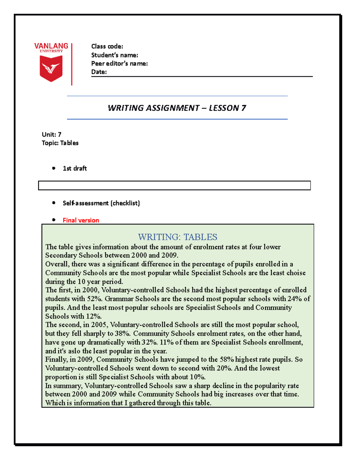 Writing Tables - mẫu - Class code: Student’s name: Peer editor’s name: Date: WRITING ASSIGNMENT ...