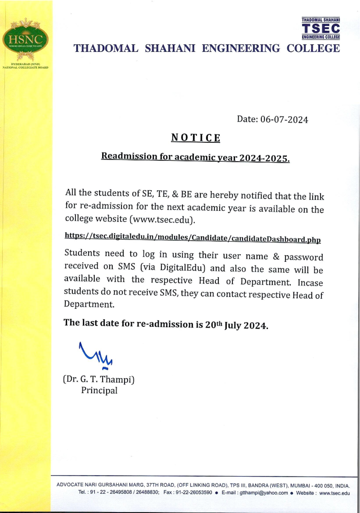 Notice and outthhh - THADOMAL SHAHANI TSEC ENGINEERING COLLEGE ISNC ERF ...