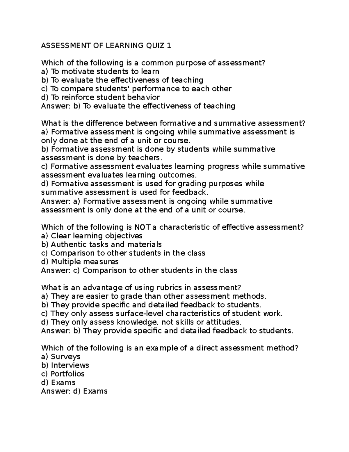 Assessment OF Learning QUIZ 1 - ASSESSMENT OF LEARNING QUIZ 1 Which of ...