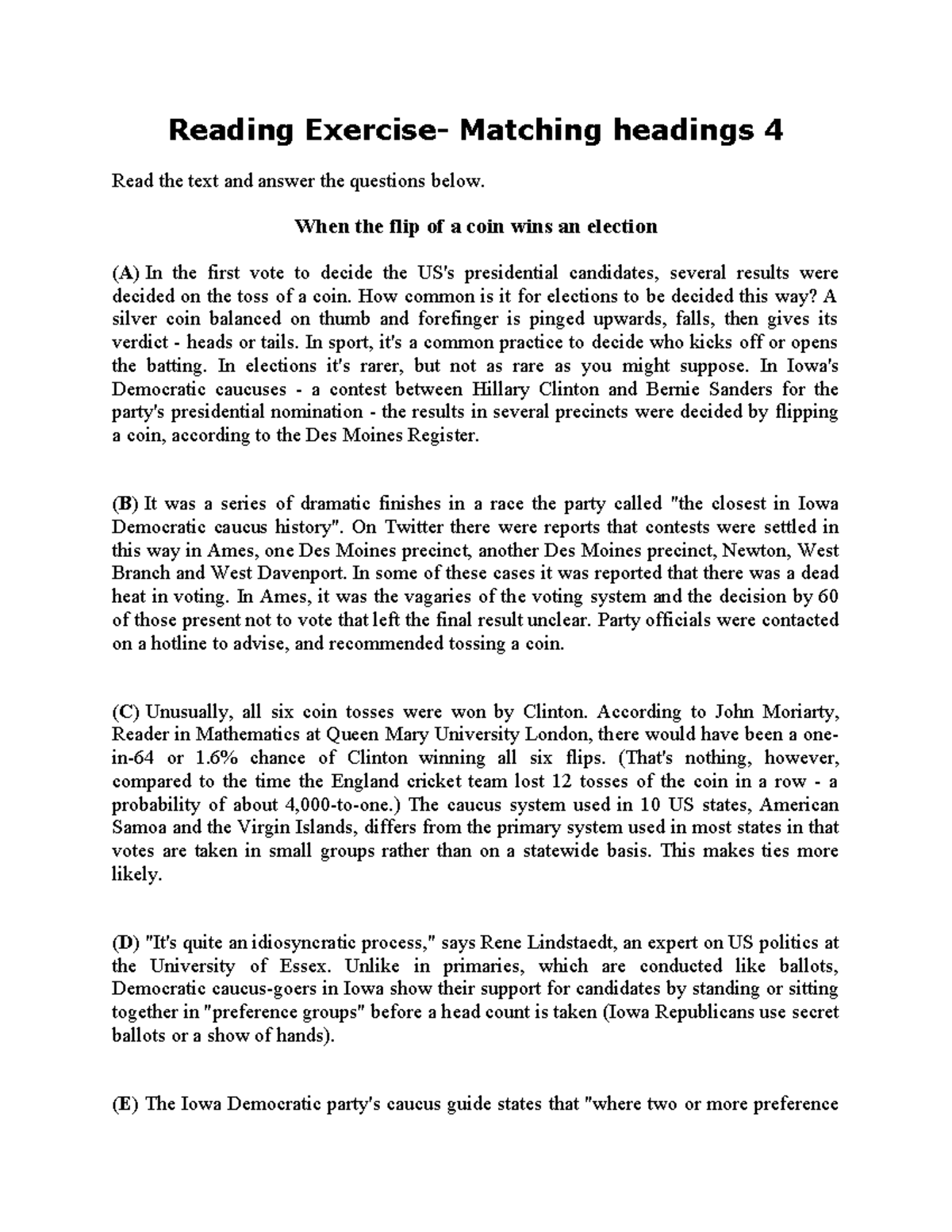 Reading Ielts Match THE Headings 4 - Reading Exercise- Matching ...