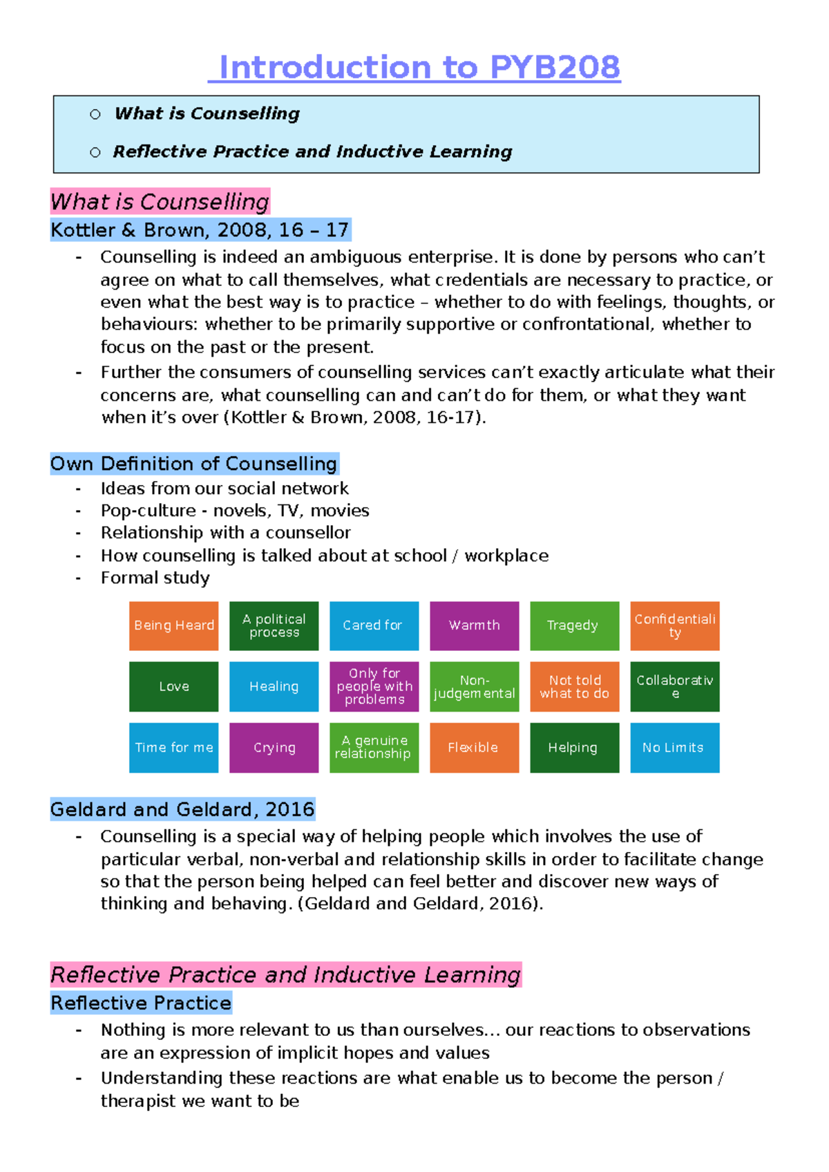 PYB208 Syllabus Summary - Introduction to PYB What is Counselling ...