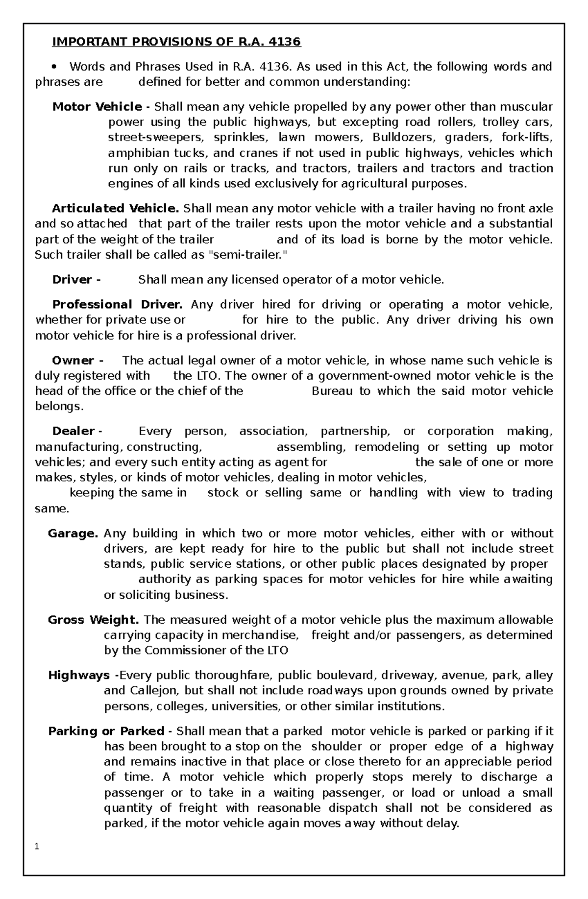 Important Provisions OF RA 4136 IMPORTANT PROVISIONS OF R 4136 Words