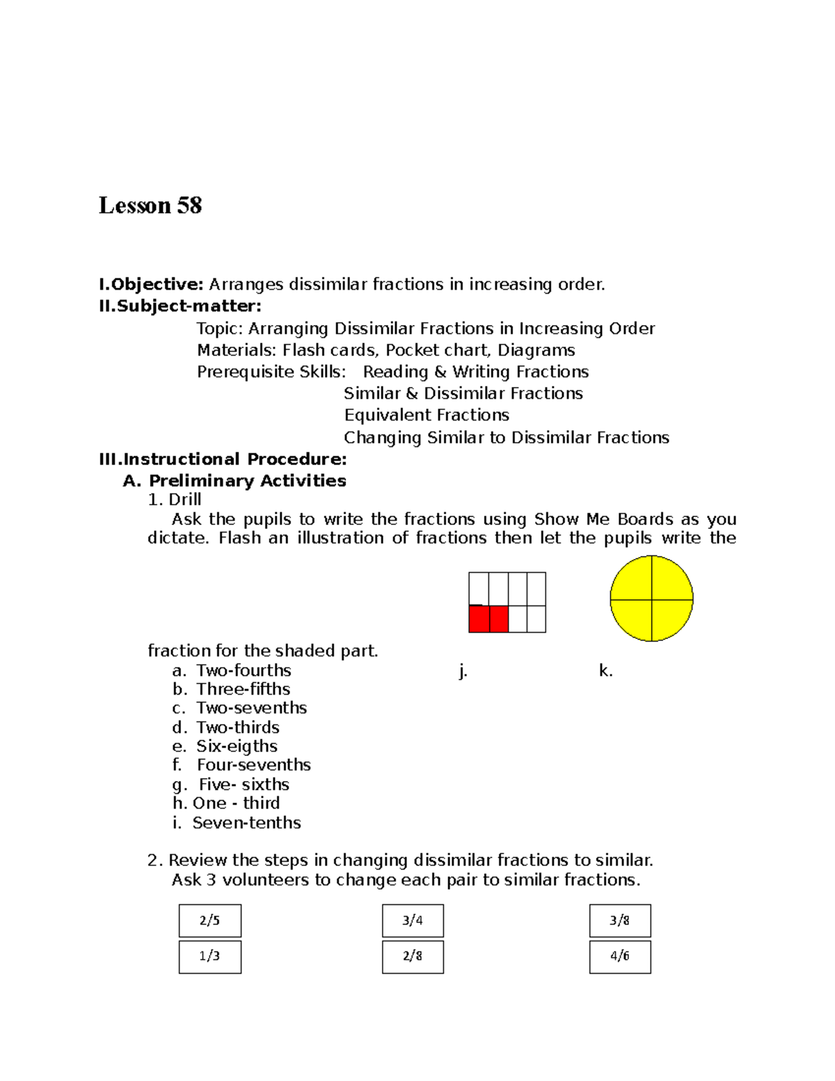 Lessons-59-A - LESSON PLAN - Lesson 58 I: Arranges dissimilar fractions ...