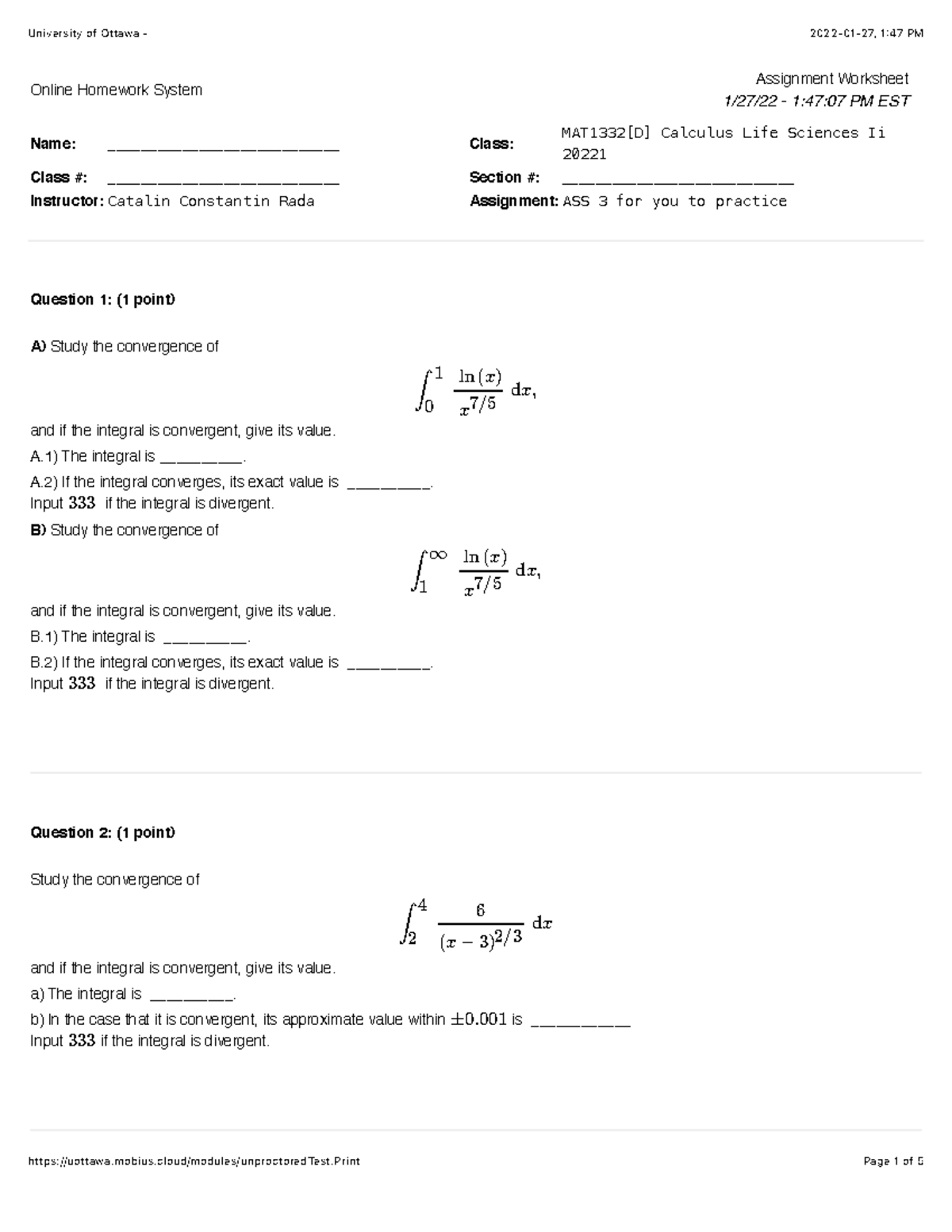 Mobius 3 - Practice - Online Homework System Assignment Worksheet 1/27 ...