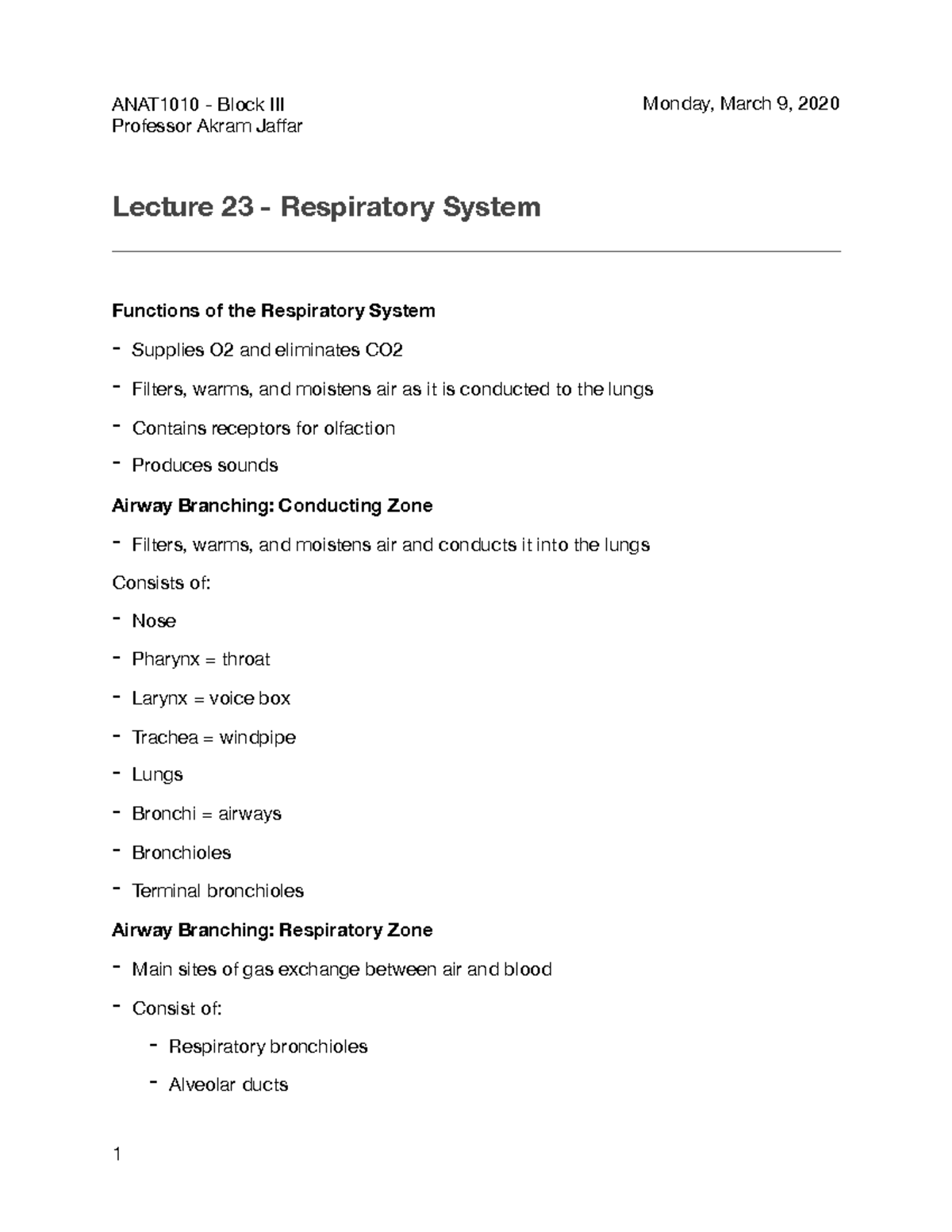 Lecture 23 - Respiratory System - Professor Akram Jaffar Lecture 23 ...