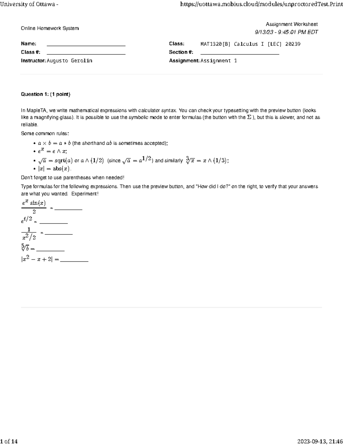 Mobius 1 - Work that you can use for stuff - Online Homework System 9 ...