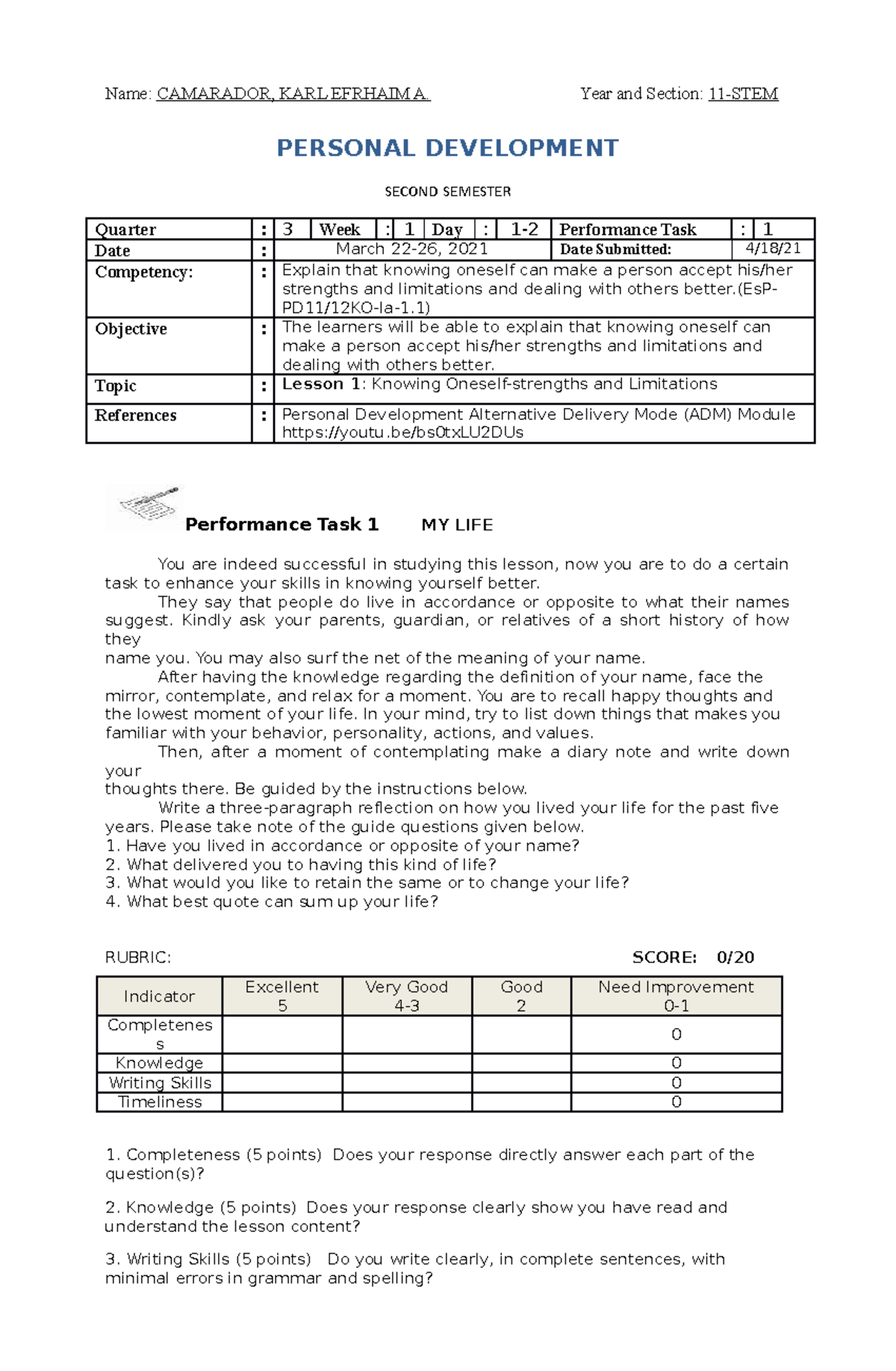 SHS Perdev Q3 Wk1 Camarador - Name: CAMARADOR, KARL EFRHAIM A. Year and Section: 11-STEM ...
