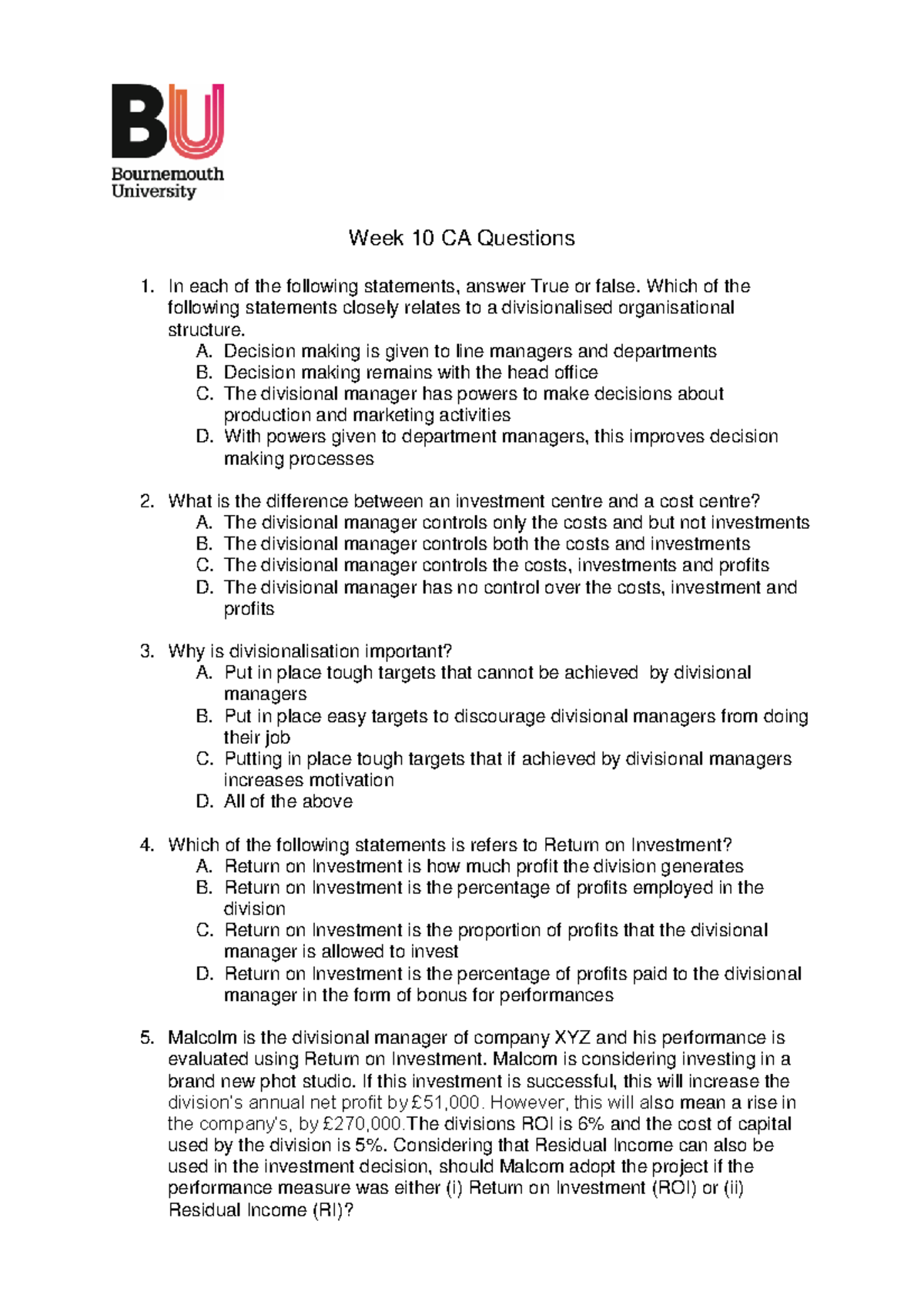 Week 10 CA Questions - Week 10 CA Questions In each of the following ...