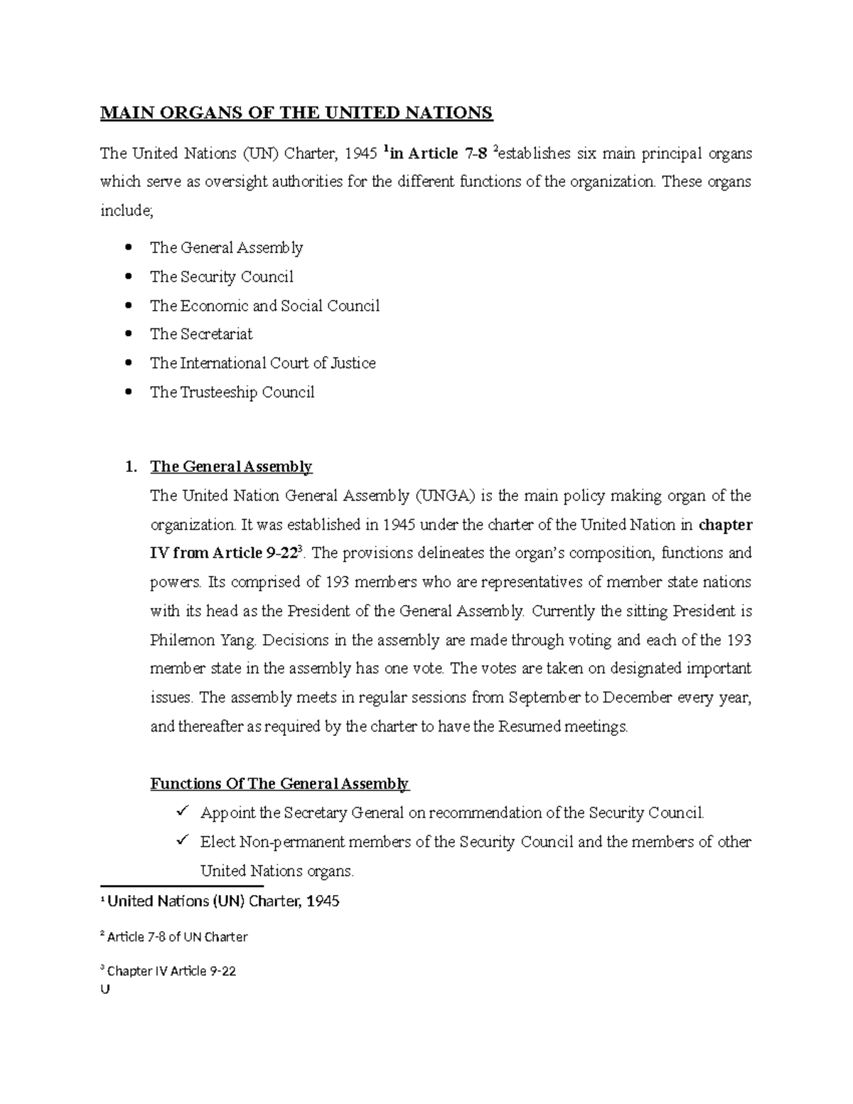 MAIN Organs OF THE United Nations - MAIN ORGANS OF THE UNITED NATIONS ...