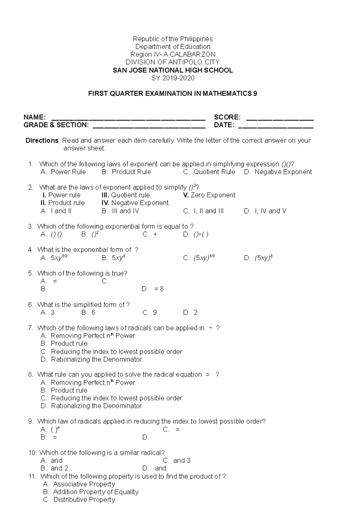 First q exam 2019-2020 - a 50 items exam about radical expressions and ...