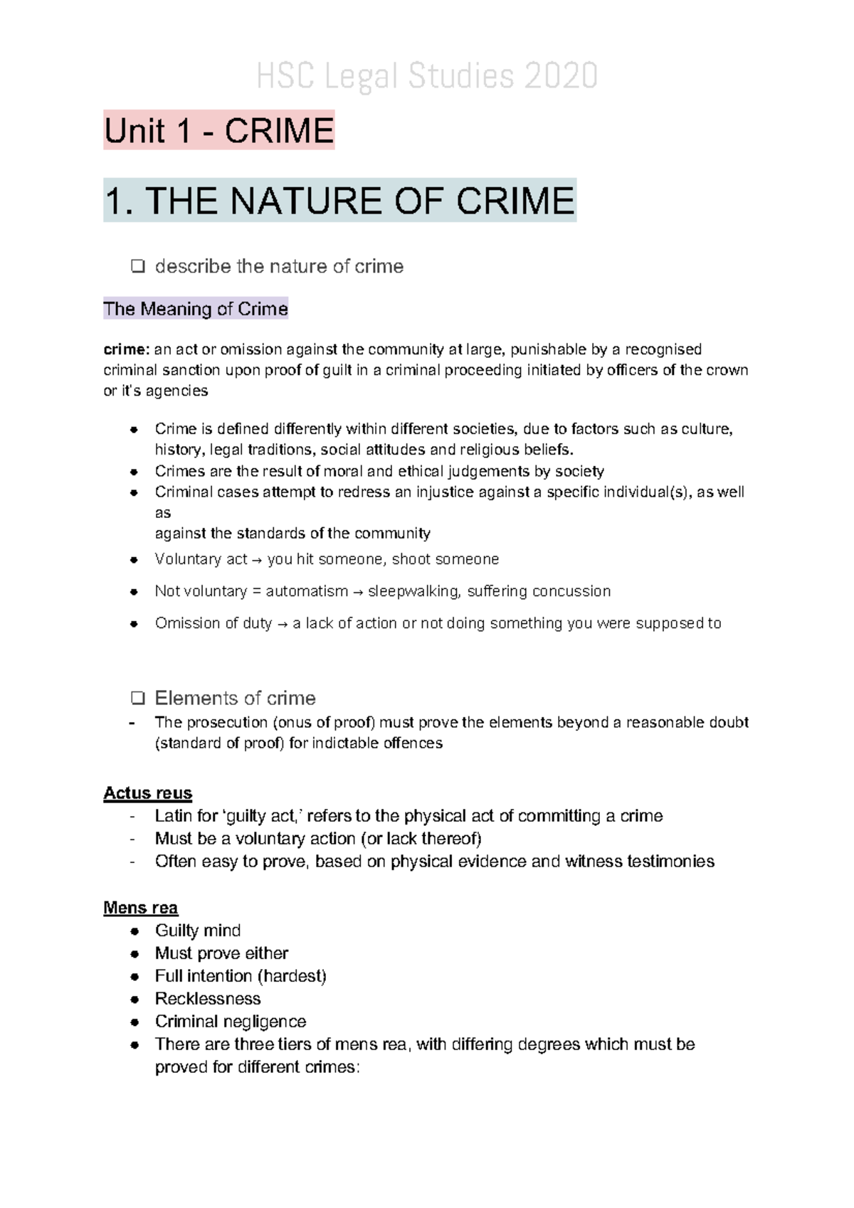 Crime - teachers notes - Unit 1 - CRIME 1. THE NATURE OF CRIME describe ...