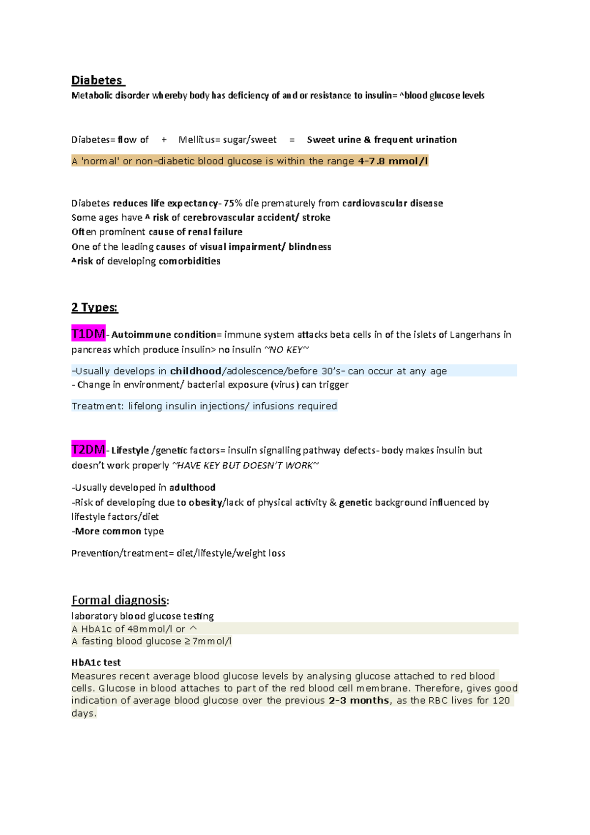 Diabetes - Revision notes for 2nd year adult nursing module NUR4055 ...