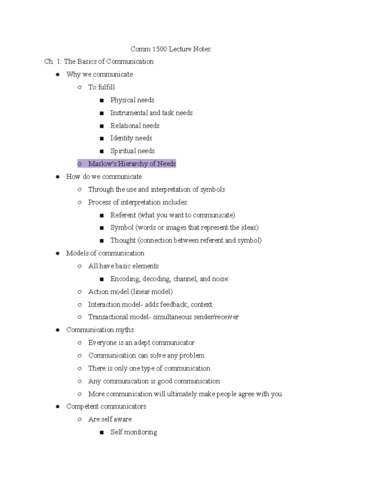 Comm 1500 notes - Marianne Glaser - Comm 1500 Lecture Notes: Ch. 1: The ...