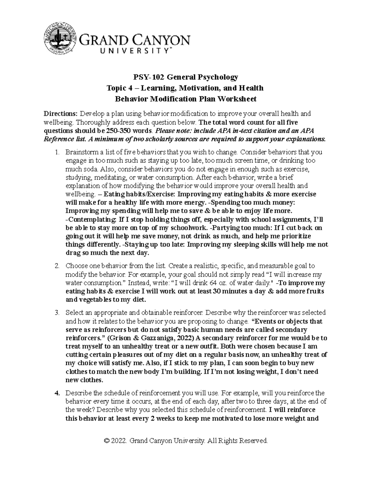 PSY 102 RS T4 Behavior Modification Plan - PSY-102 General Psychology ...