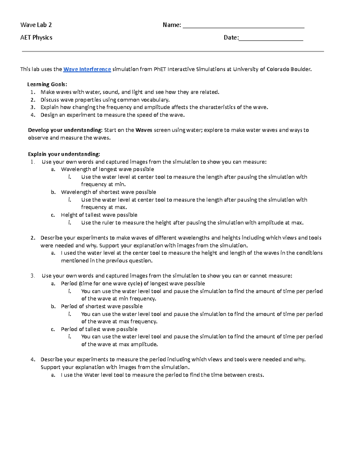 Waves Lab 2 - Phet - jkljlkjlkjlkj - Wave Lab 2 Name: ____________________________________ AET ...