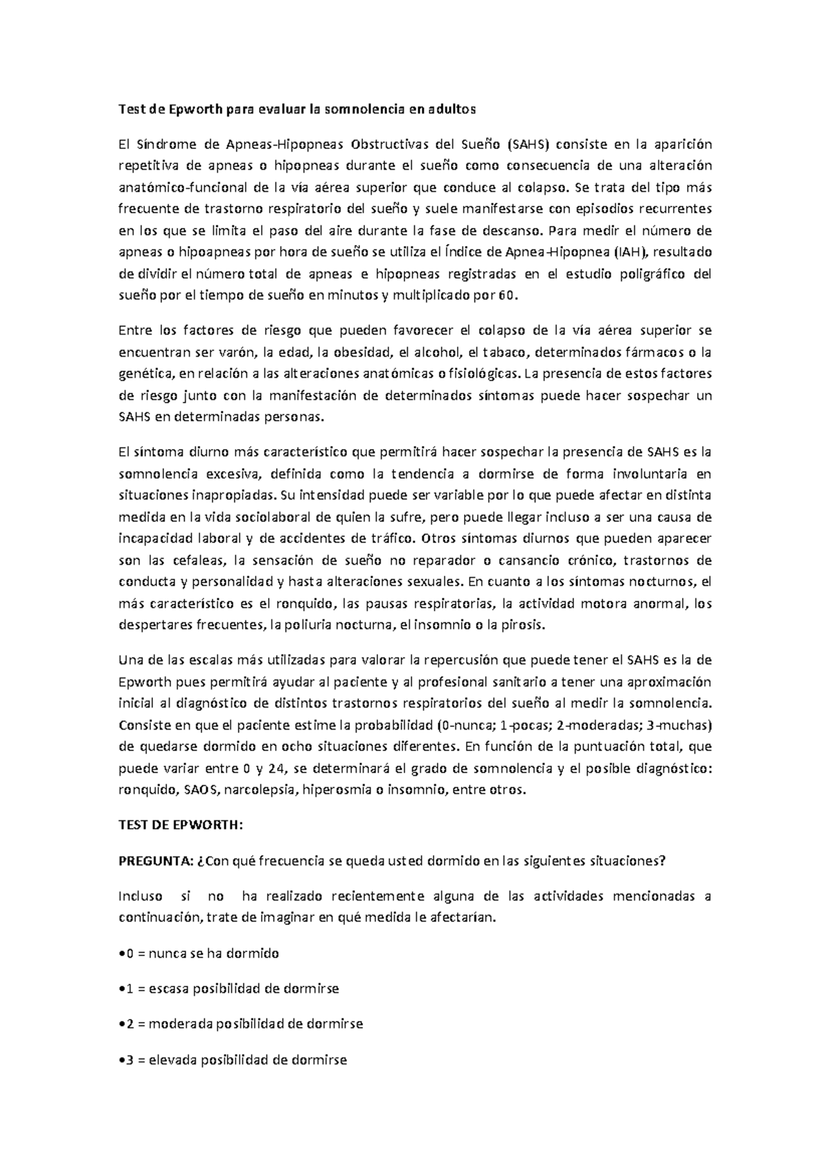 Test-Epworth- Calificación - Test de Epworth para evaluar la ...
