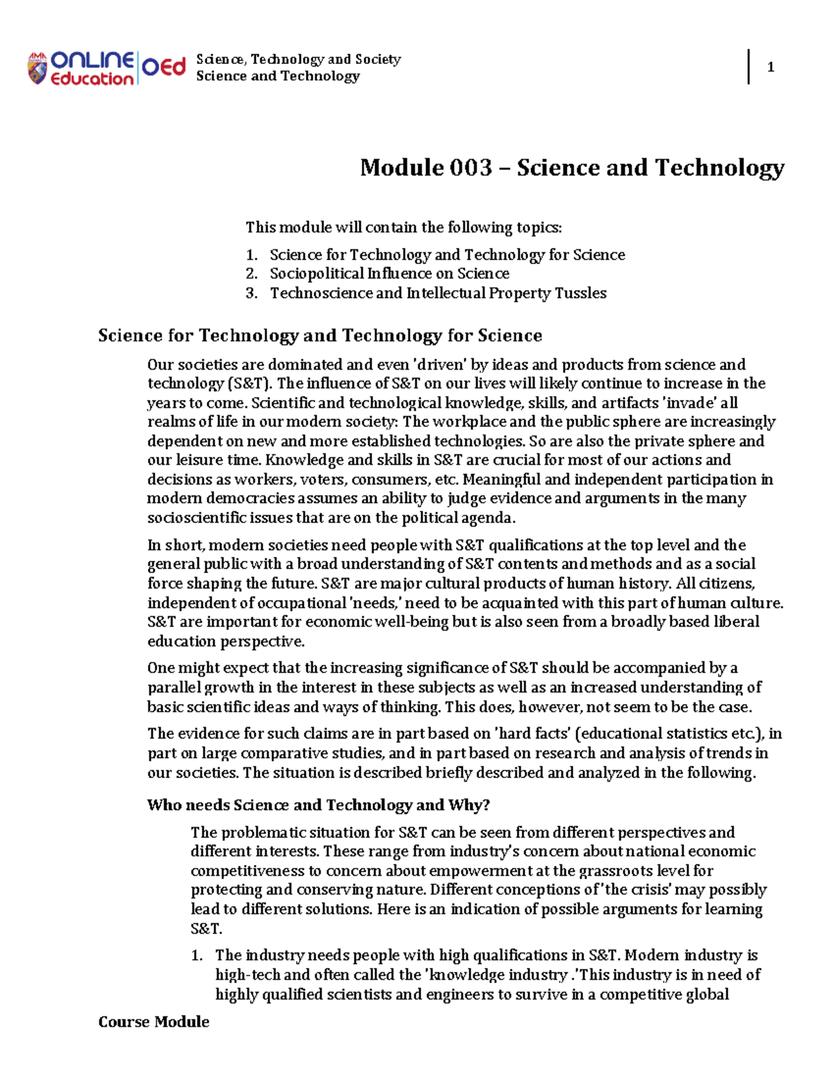 Module 3 - Science, Technology, and Society - Science, Technology and ...