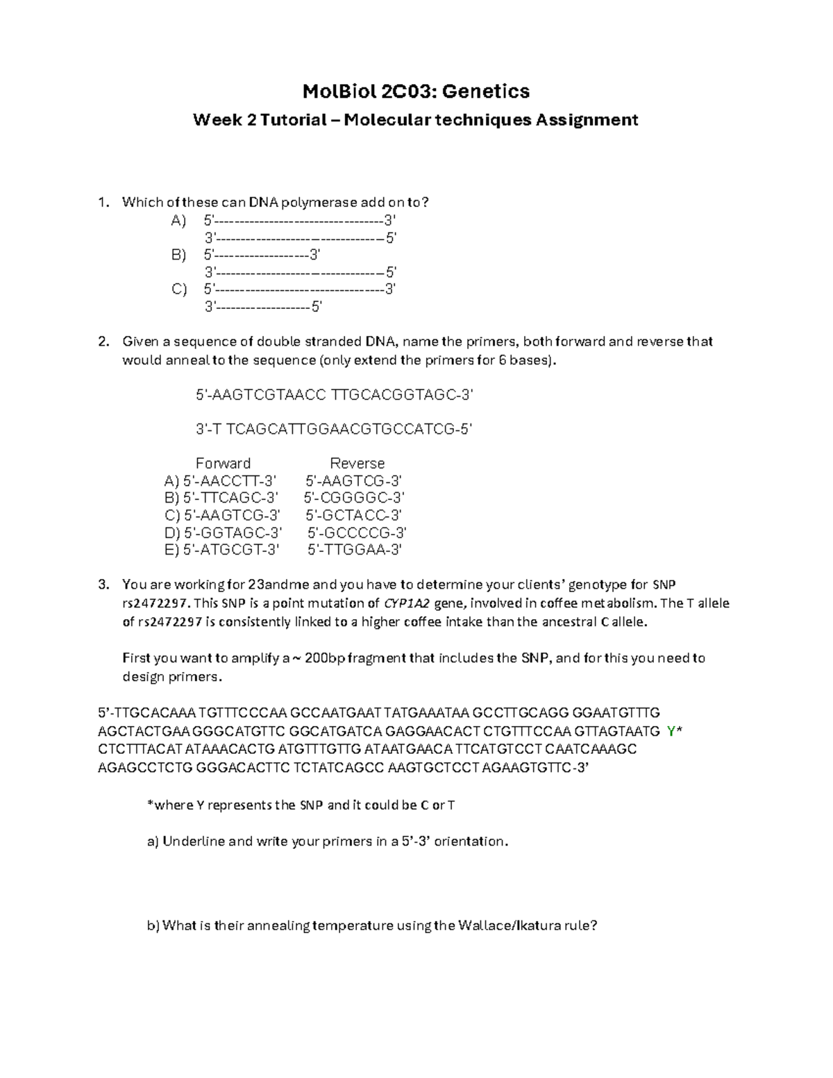 Week 2 tutorial assignment - Molbiol - MolBiol 2C03: Genetics Week 2 ...