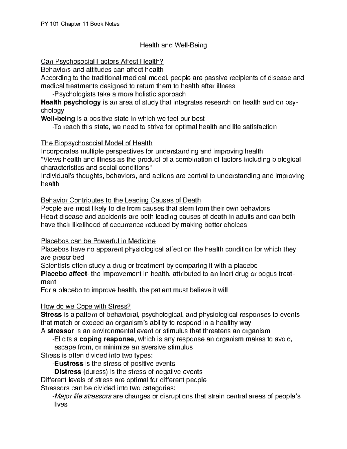PY 101 Chapter 11 Book Notes - PY 101 Chapter 11 Book Notes Health and ...