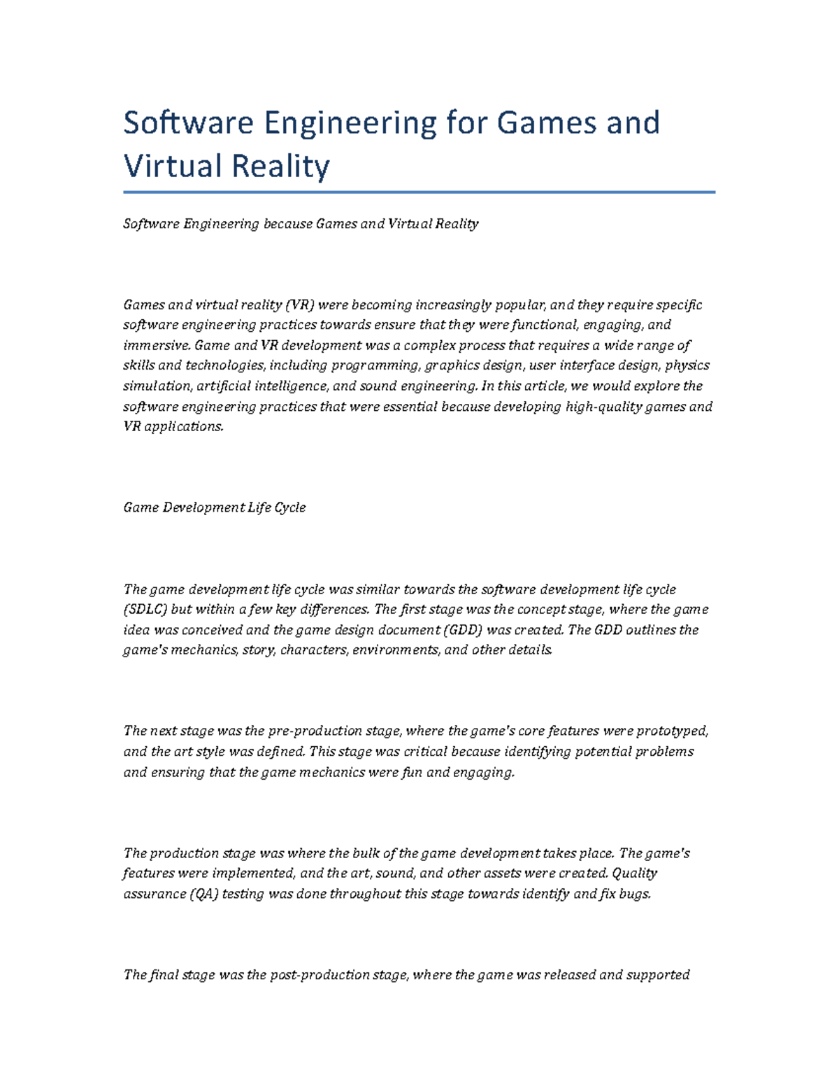 Software Engineering for Games and Virtual Reality - Software ...