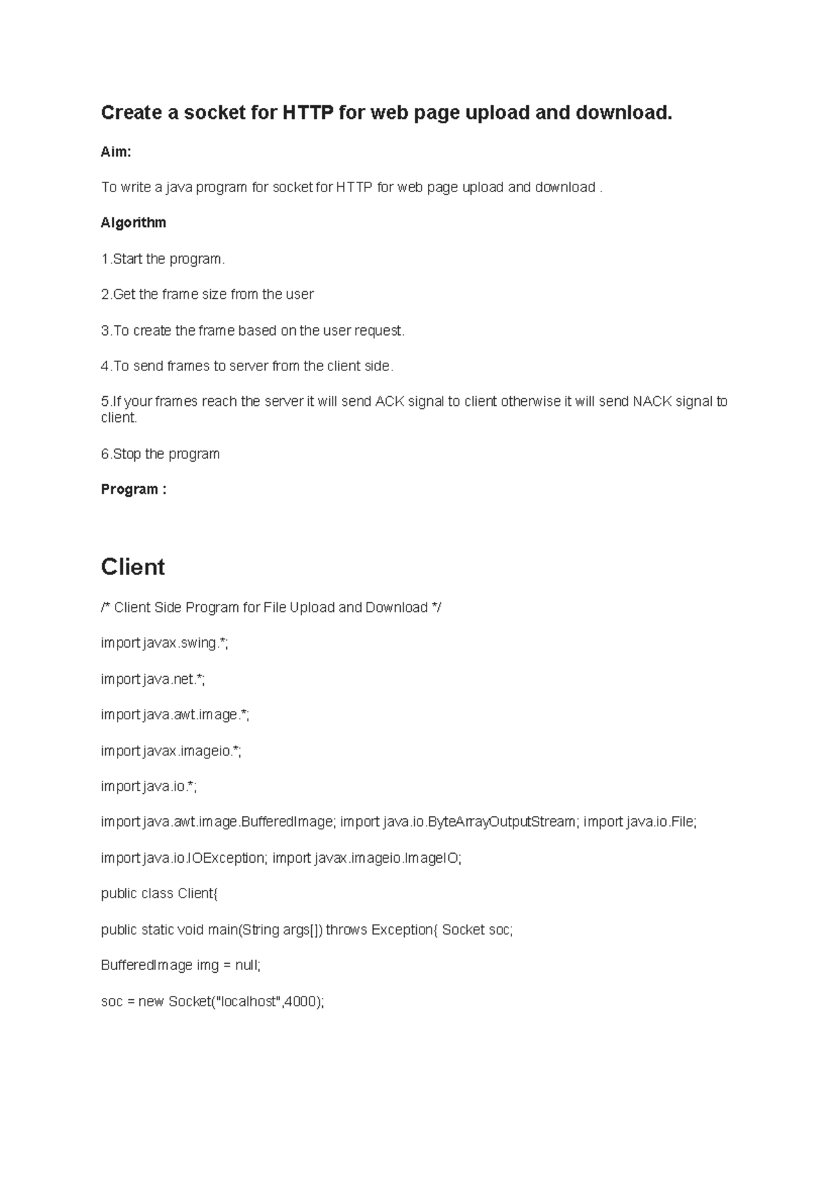 Create A Socket For For Web Page Upload And Download Aim To Write A Java Program For
