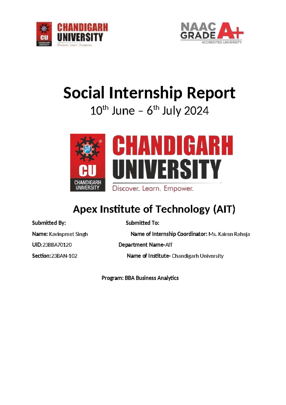 Kavin Final Report - Social Internship Report 10 th June – 6 th July ...