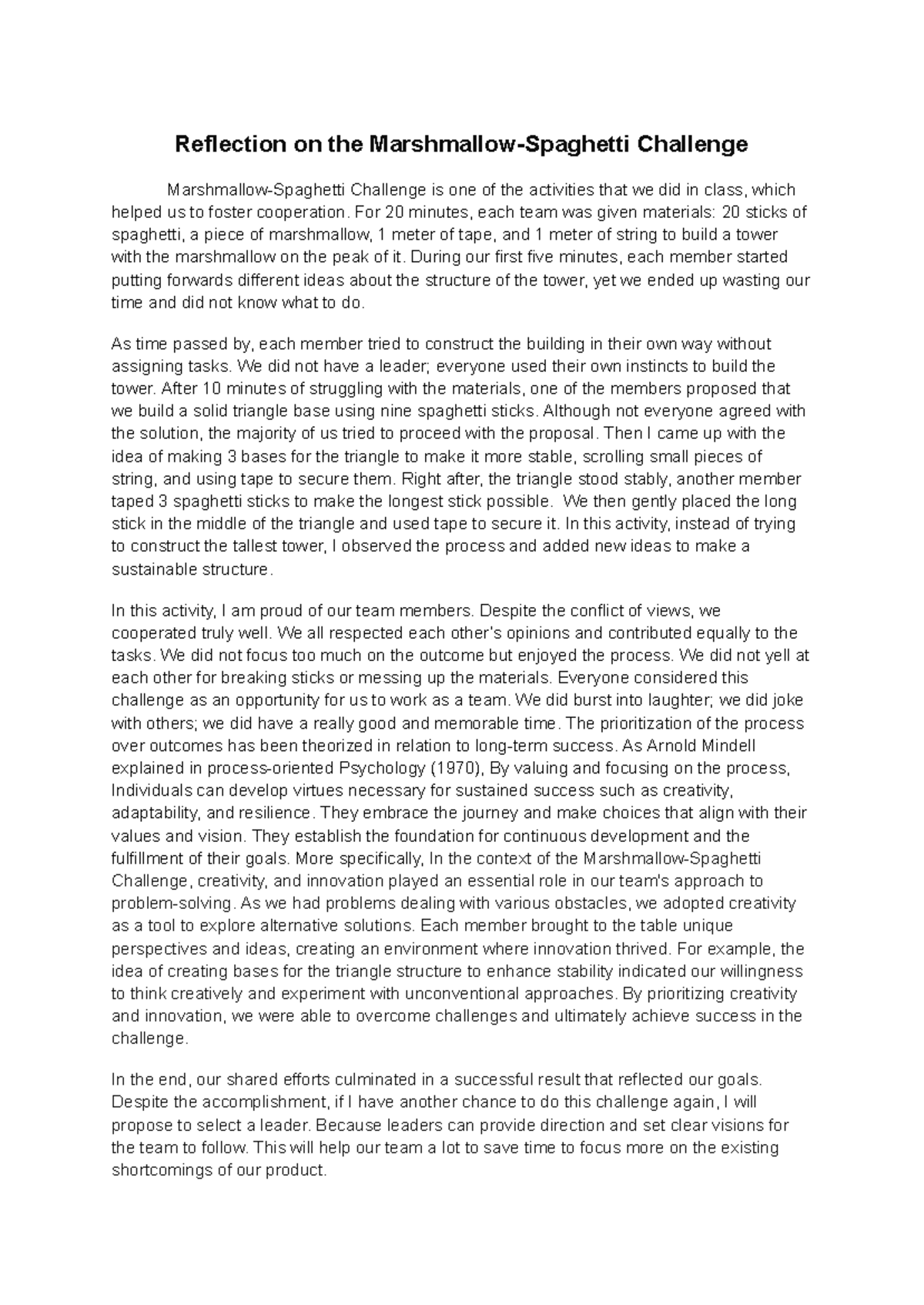 Reflection on the Marshmallow-Spaghetti Challenge - Reflection on the ...