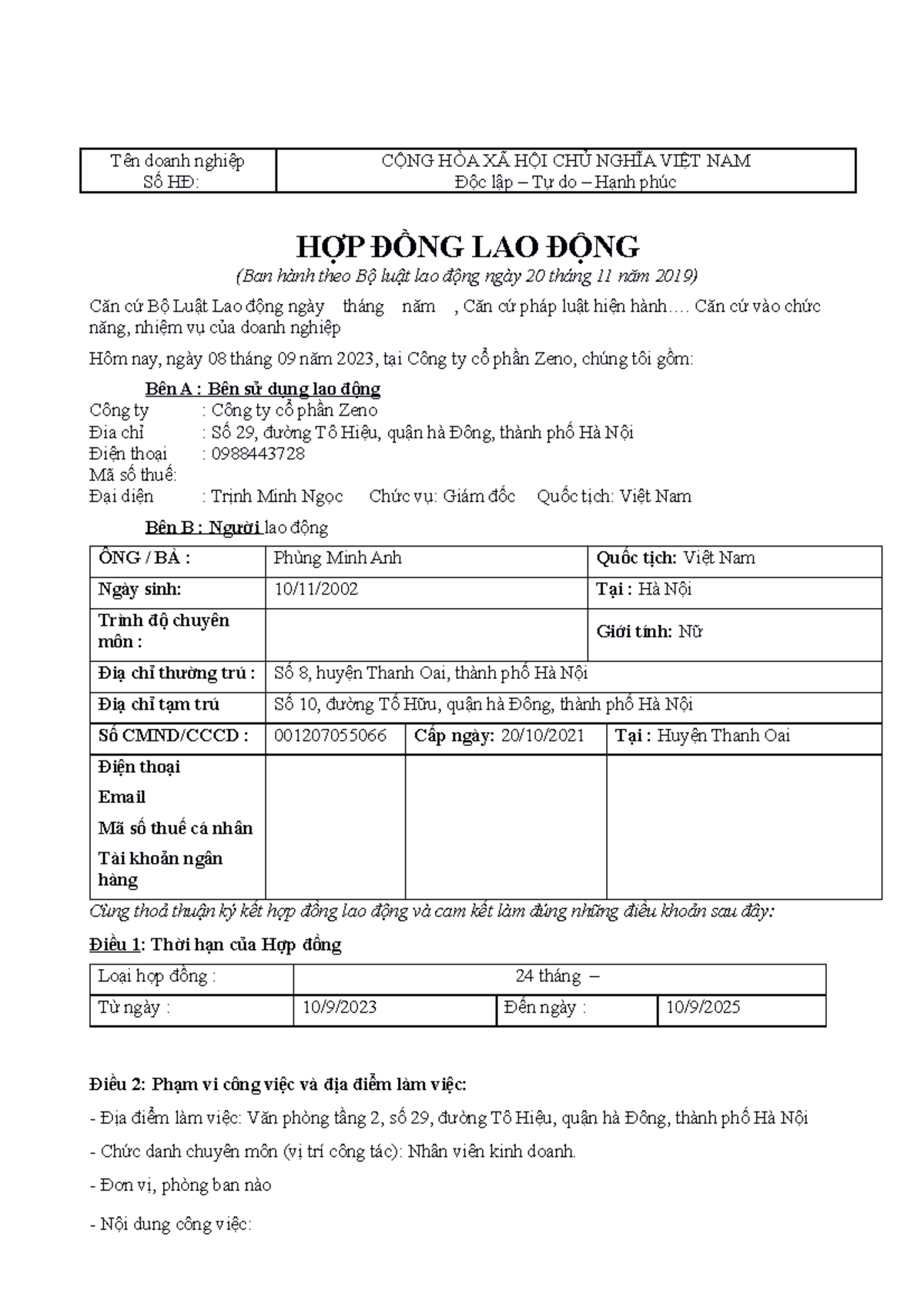 Mau hop dong lao dong 2023 - Tên doanh nghiệp Số HĐ: CỘNG HÒA XÃ HỘI CHỦ NGHĨA VIỆT NAM Độc lập ...