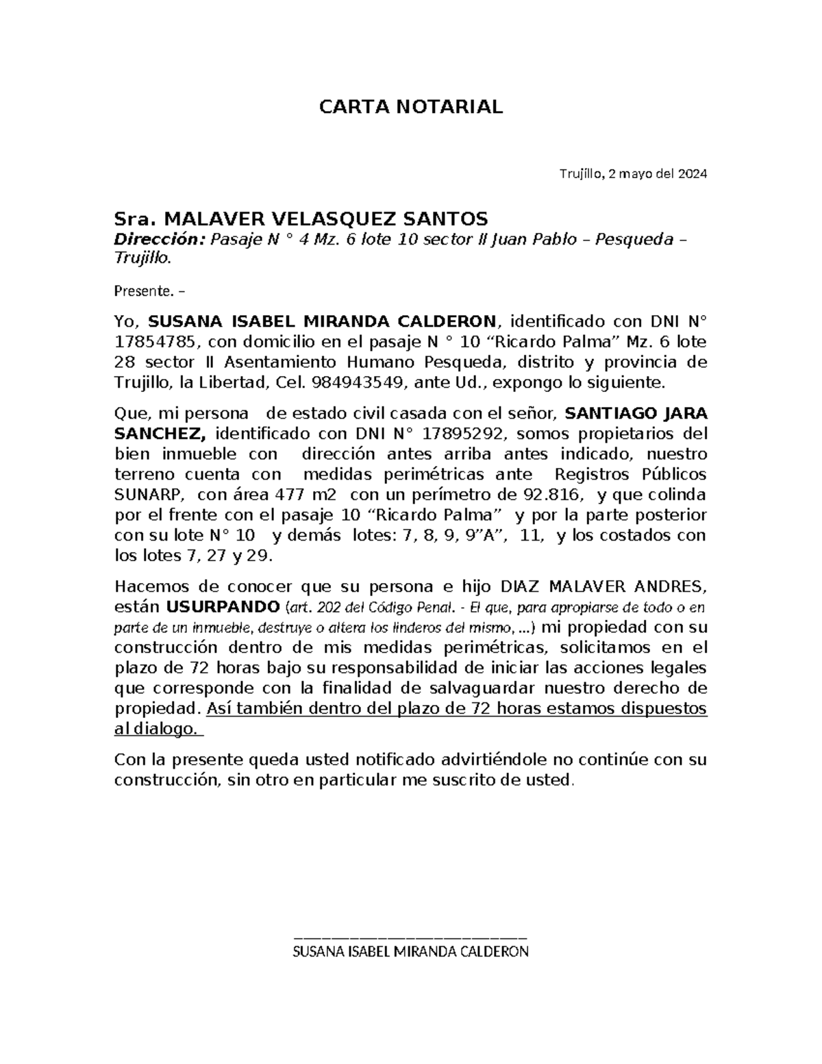MODELO CARTA NOTARIAL - CARTA NOTARIAL Trujillo, 2 mayo del 2024 Sra ...