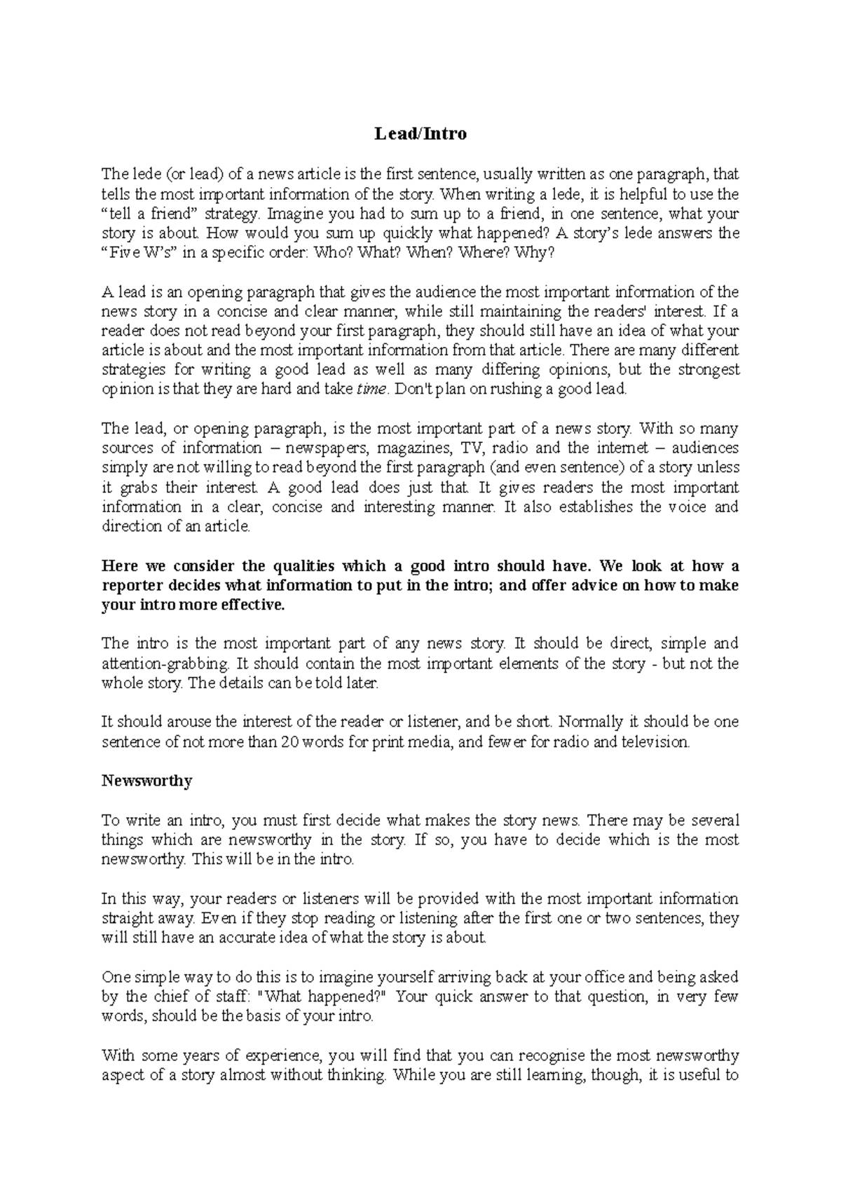 Intro-Lead - Combination of class notes and sheets for Communication ...