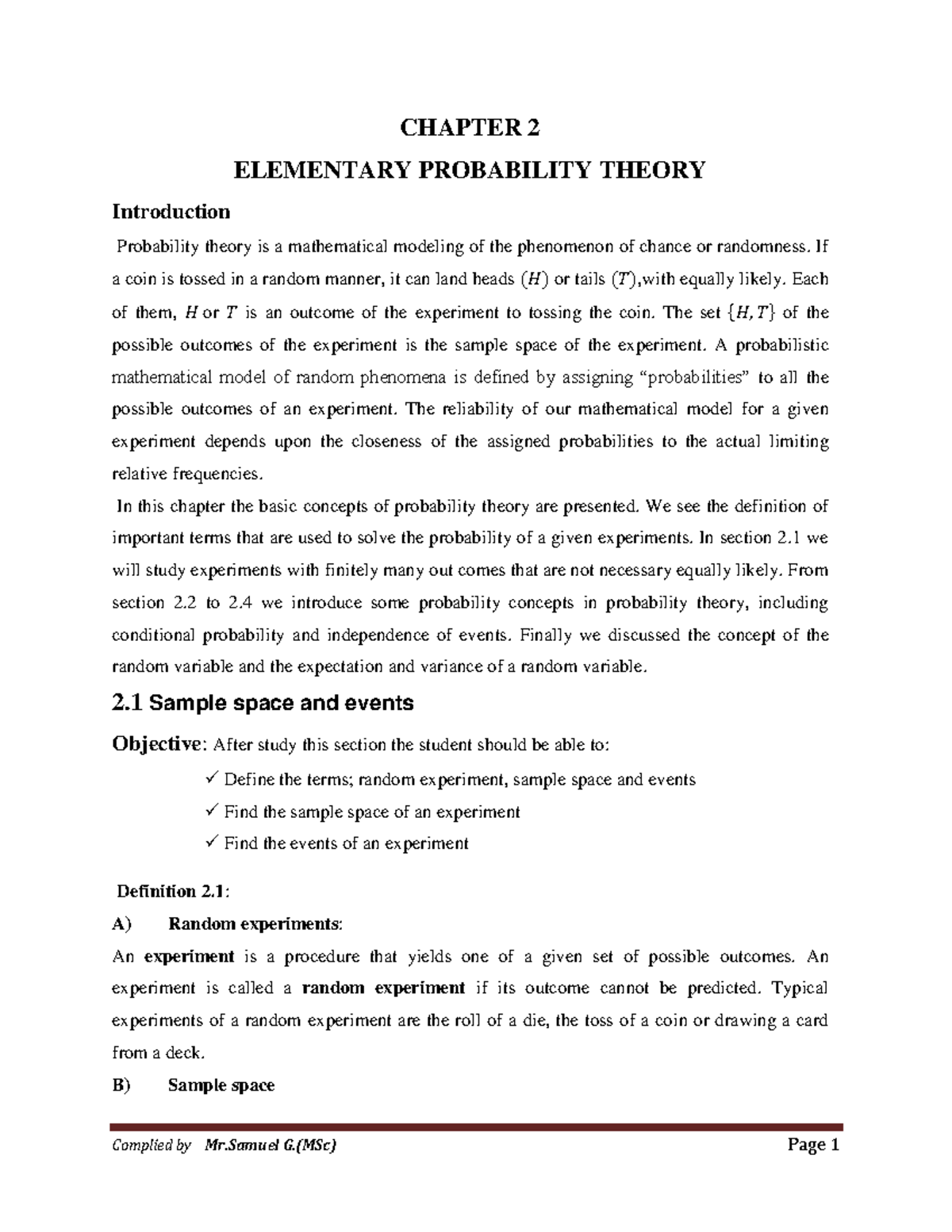 Ma unit 2 - math in hci - CHAPTER 2 ELEMENTARY PROBABILITY THEORY ...