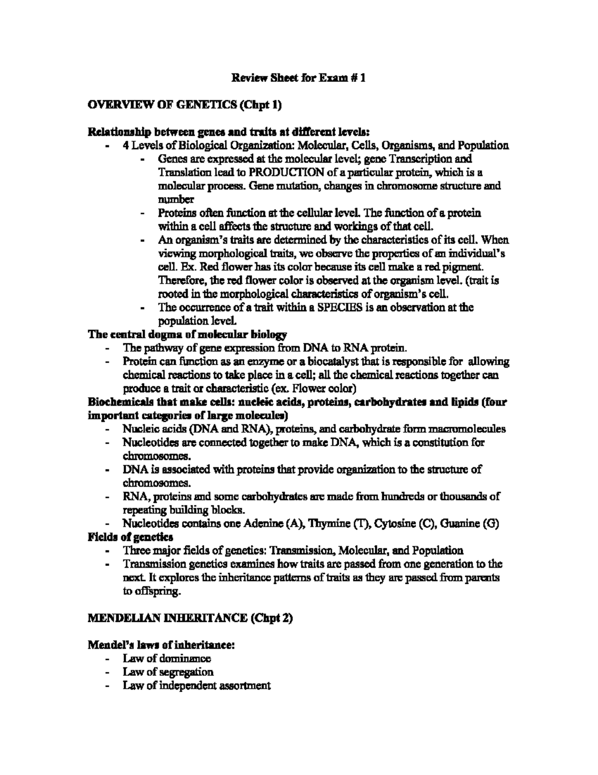 Genetics Review Sheet 1 pg1 - ANSC 305 - Studocu