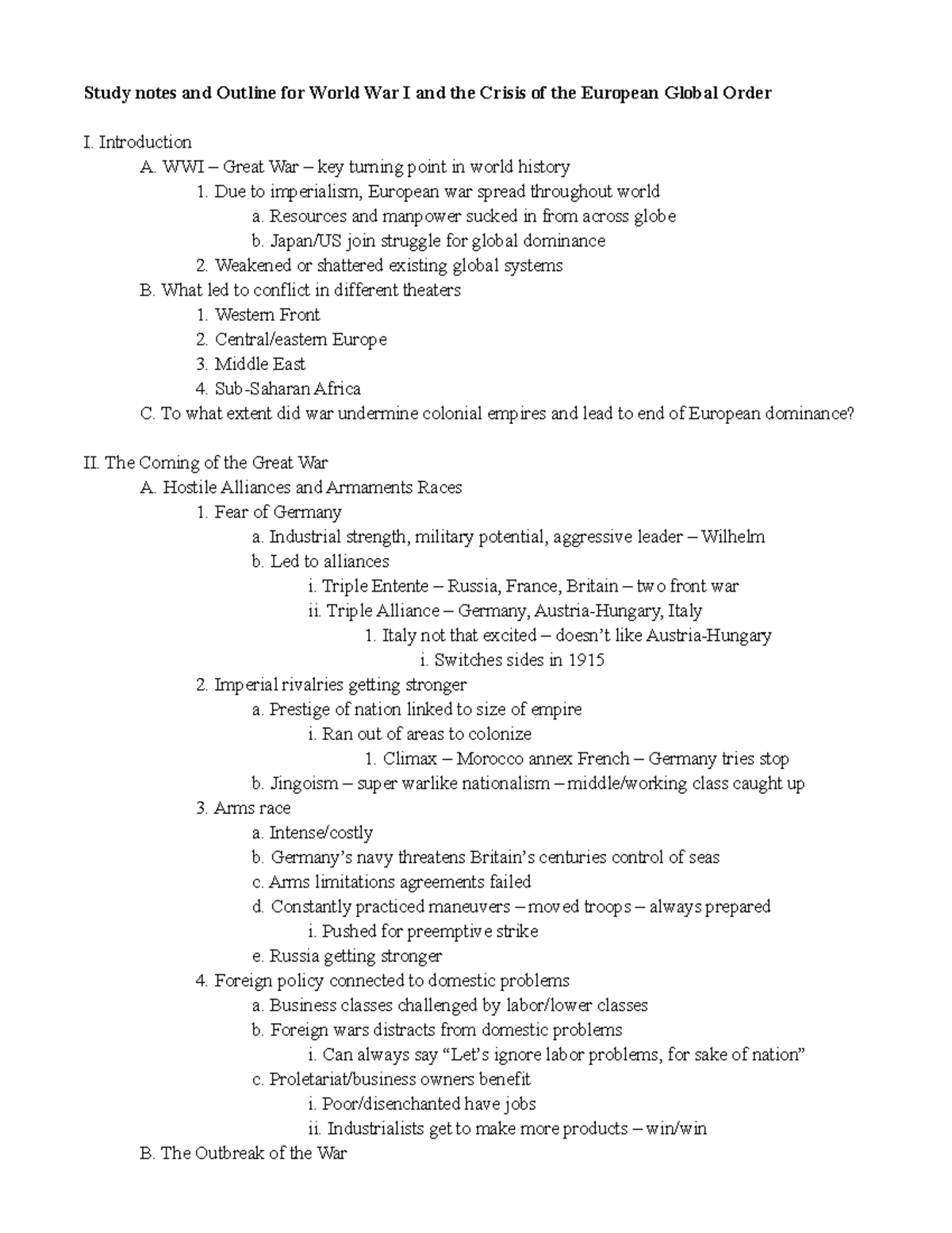 Study notes and Outline for World War I and the Crisis of the European ...