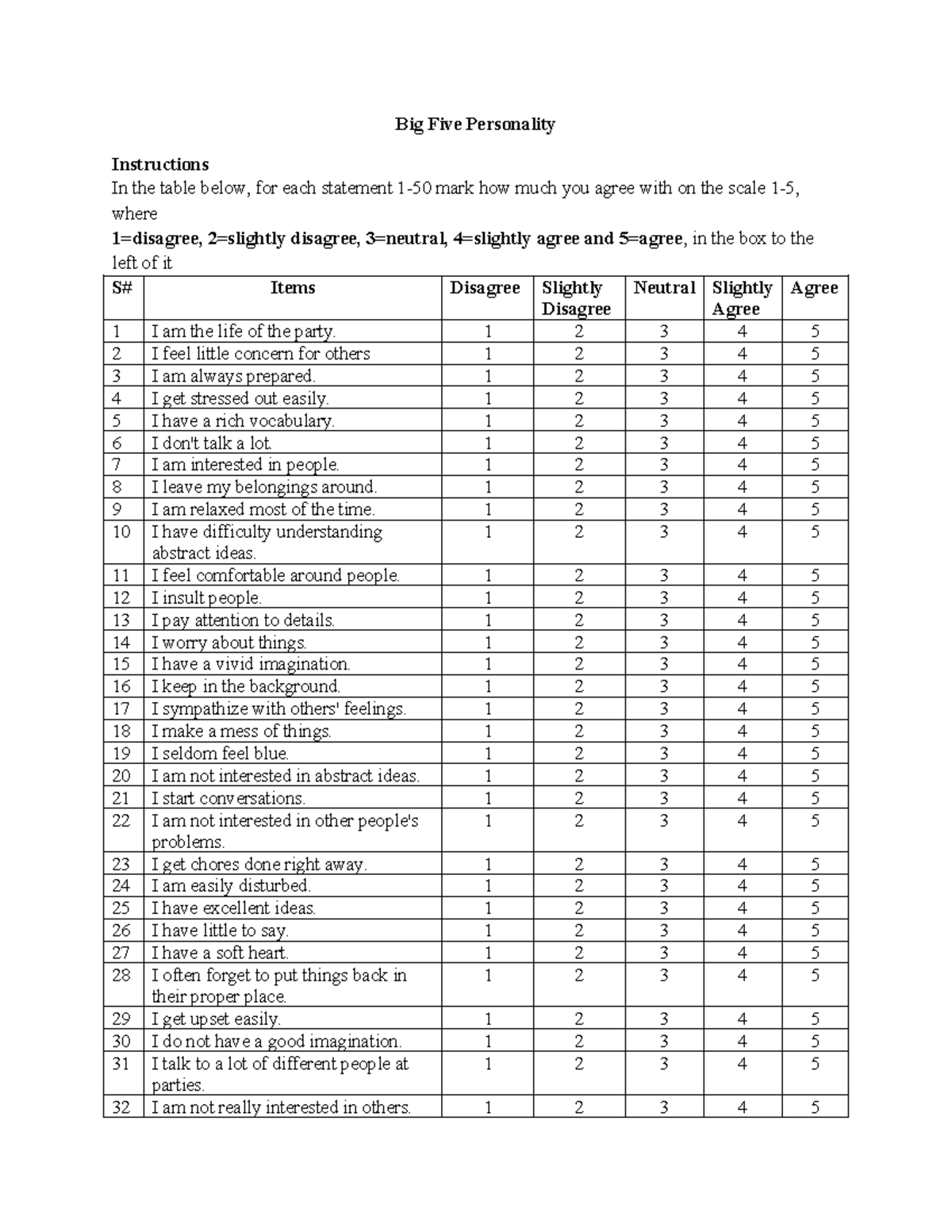 Big Five Personality - Big Five Personality Instructions In the table ...