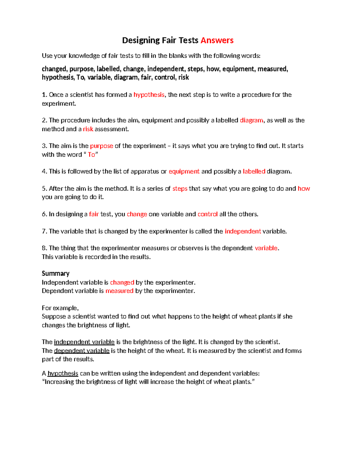 Designing Fair Tests Answers - The procedure includes the aim ...
