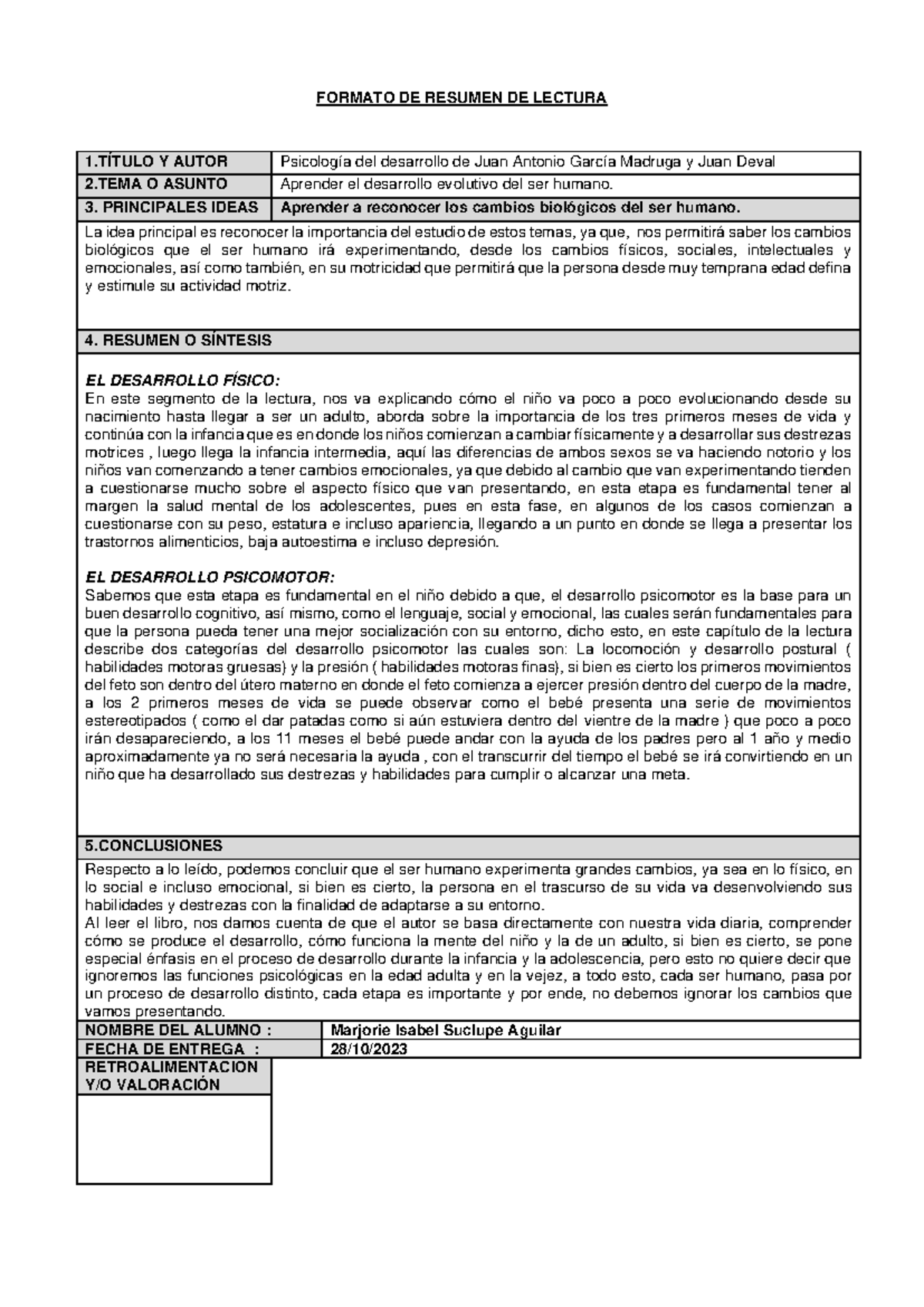 Formato DE Resumen DE Lectura (desarrollo del ser humano) - FORMATO DE ...