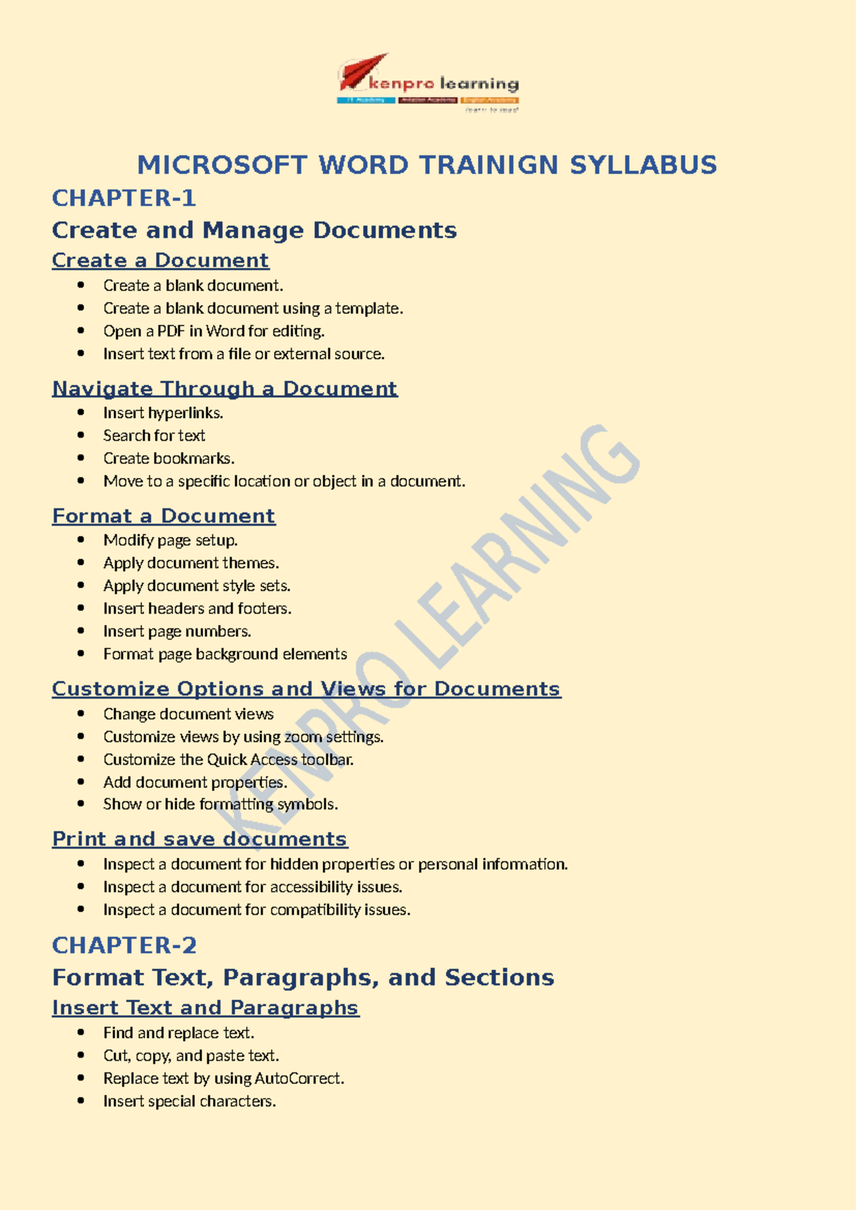 Word content - notes - MICROSOFT WORD TRAINIGN SYLLABUS CHAPTER- Create ...