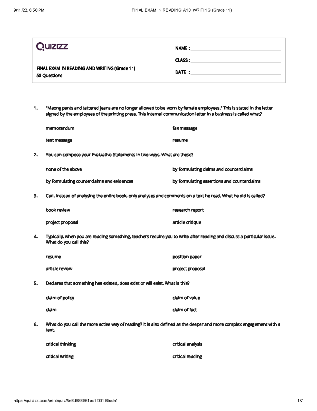 Final EXAM IN Reading AND Writing Grade 11 FINAL EXAM IN READING 