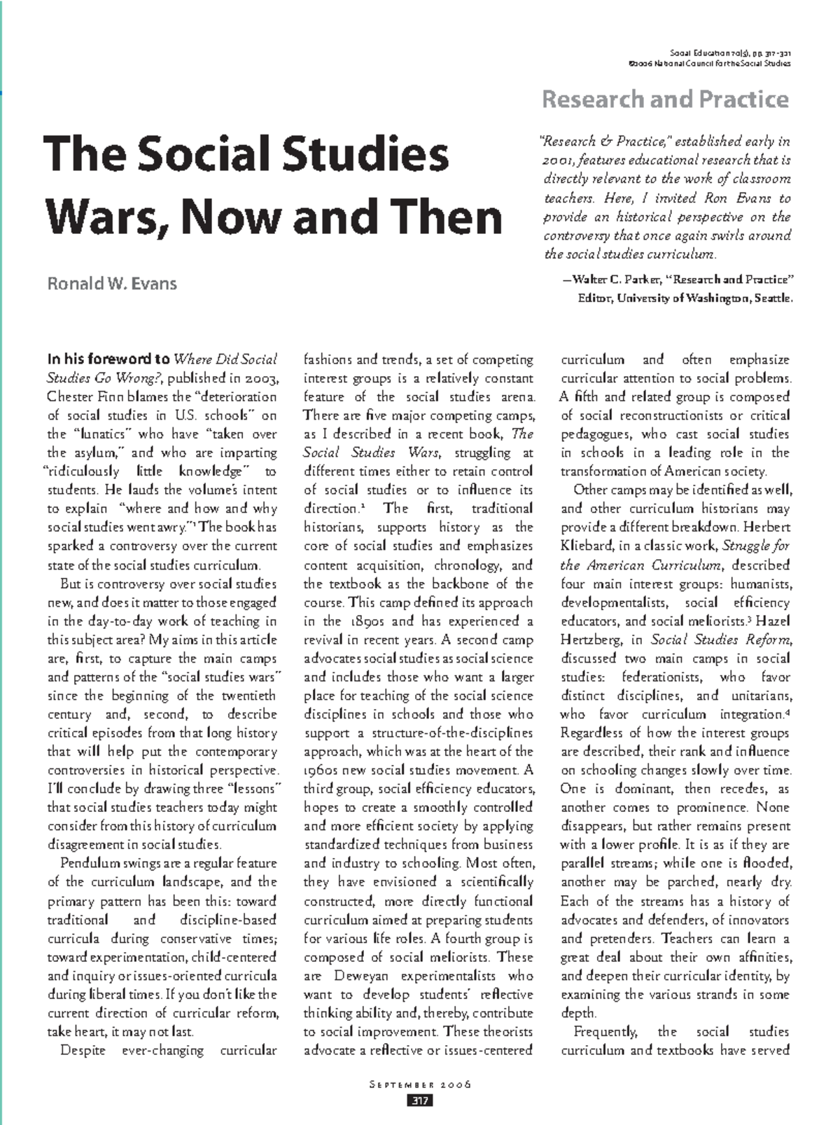 The Socail Studies Wars, Now and Then - Research and Practice The ...