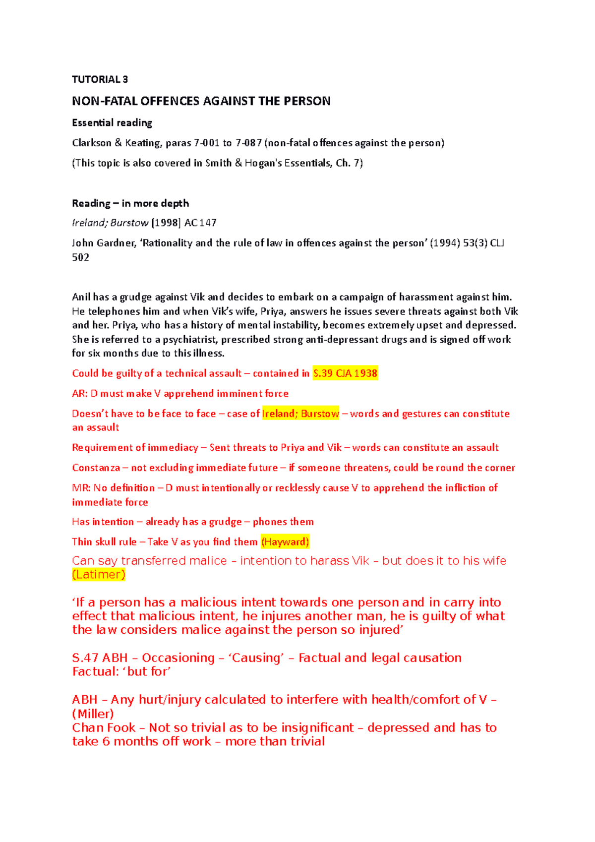 Criminal Tutorial 3 - Non-Fatal Offences - TUTORIAL 3 NON-FATAL ...