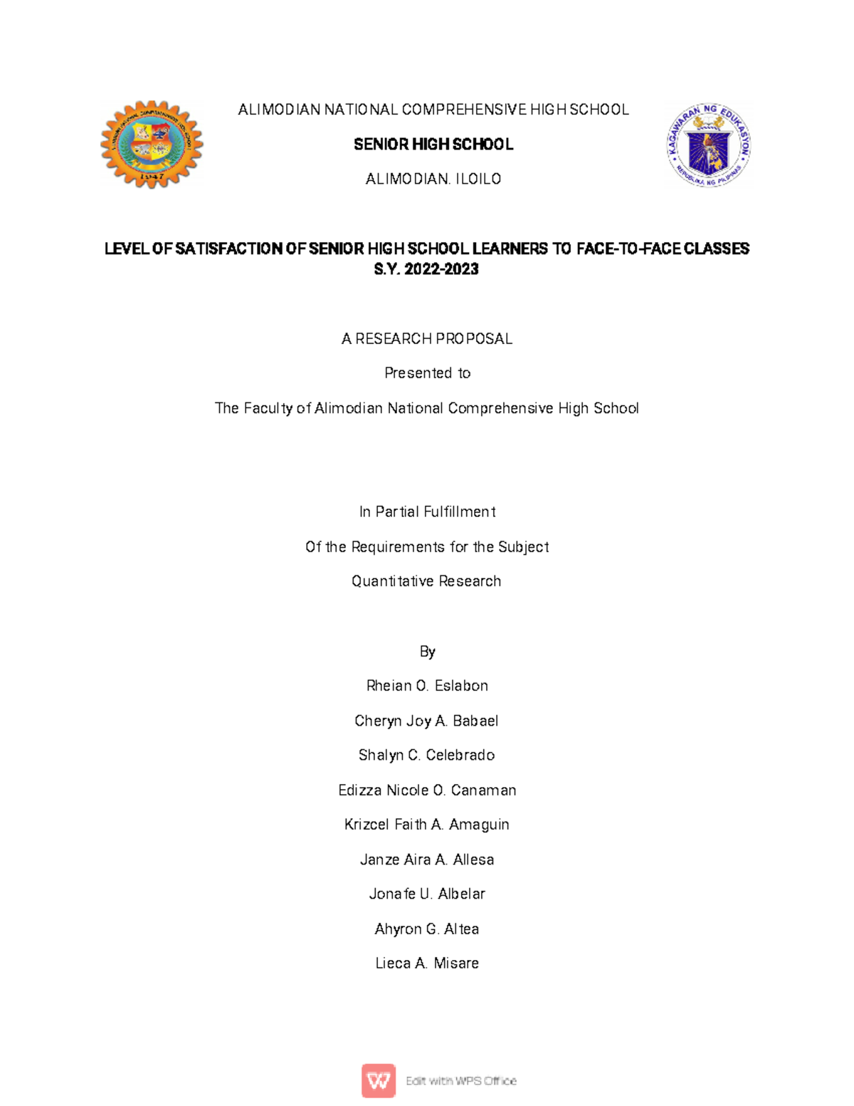Practical Research - SENIOR HIGH SCHOOL ALIMODIAN. ILOILO LEVEL OF ...