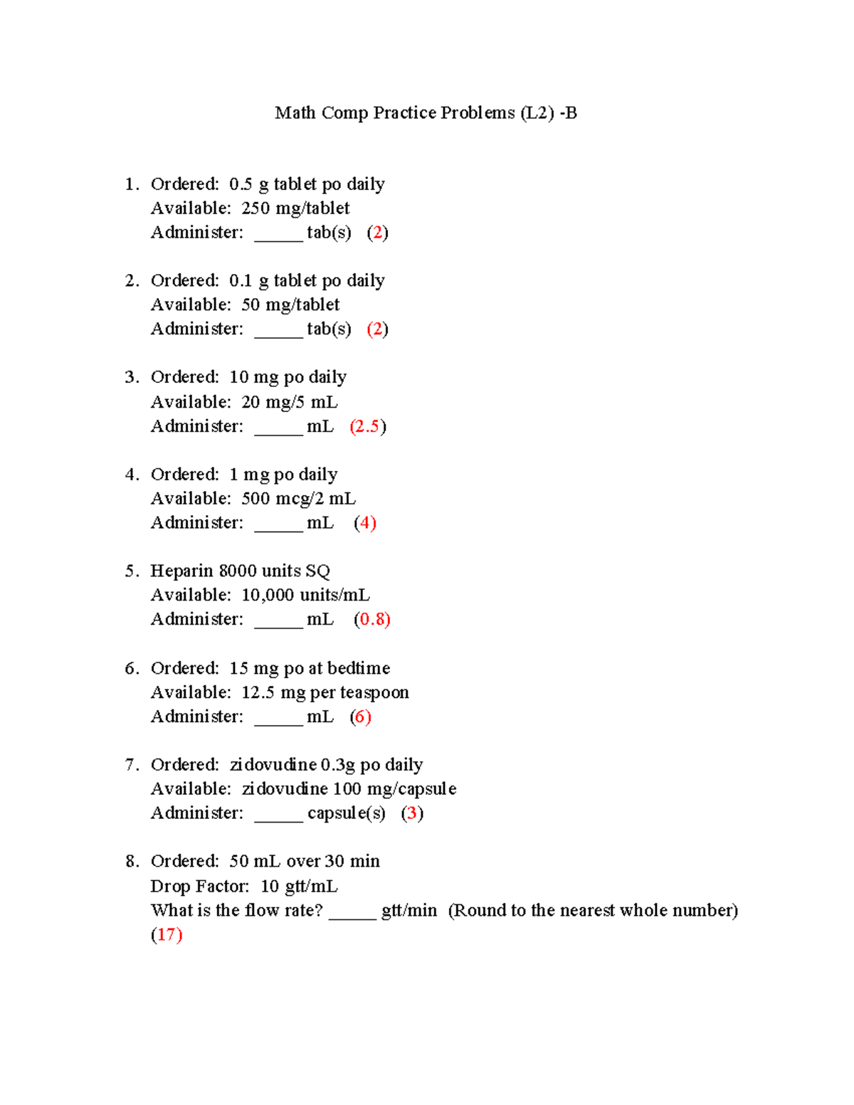 Math Comp Practice Problems B - What is the flow rate? _____ gtt/min ...