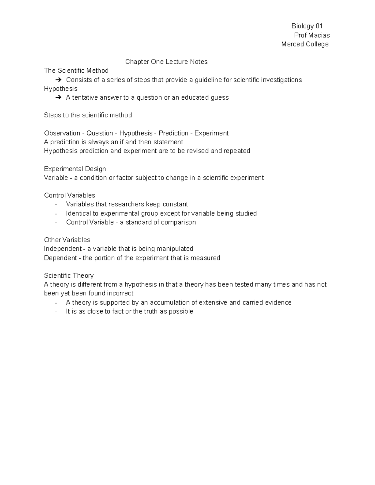 Chapter One Lecture Notes Biology 01 Prof Macias Merced College Chapter One Lecture Notes The 