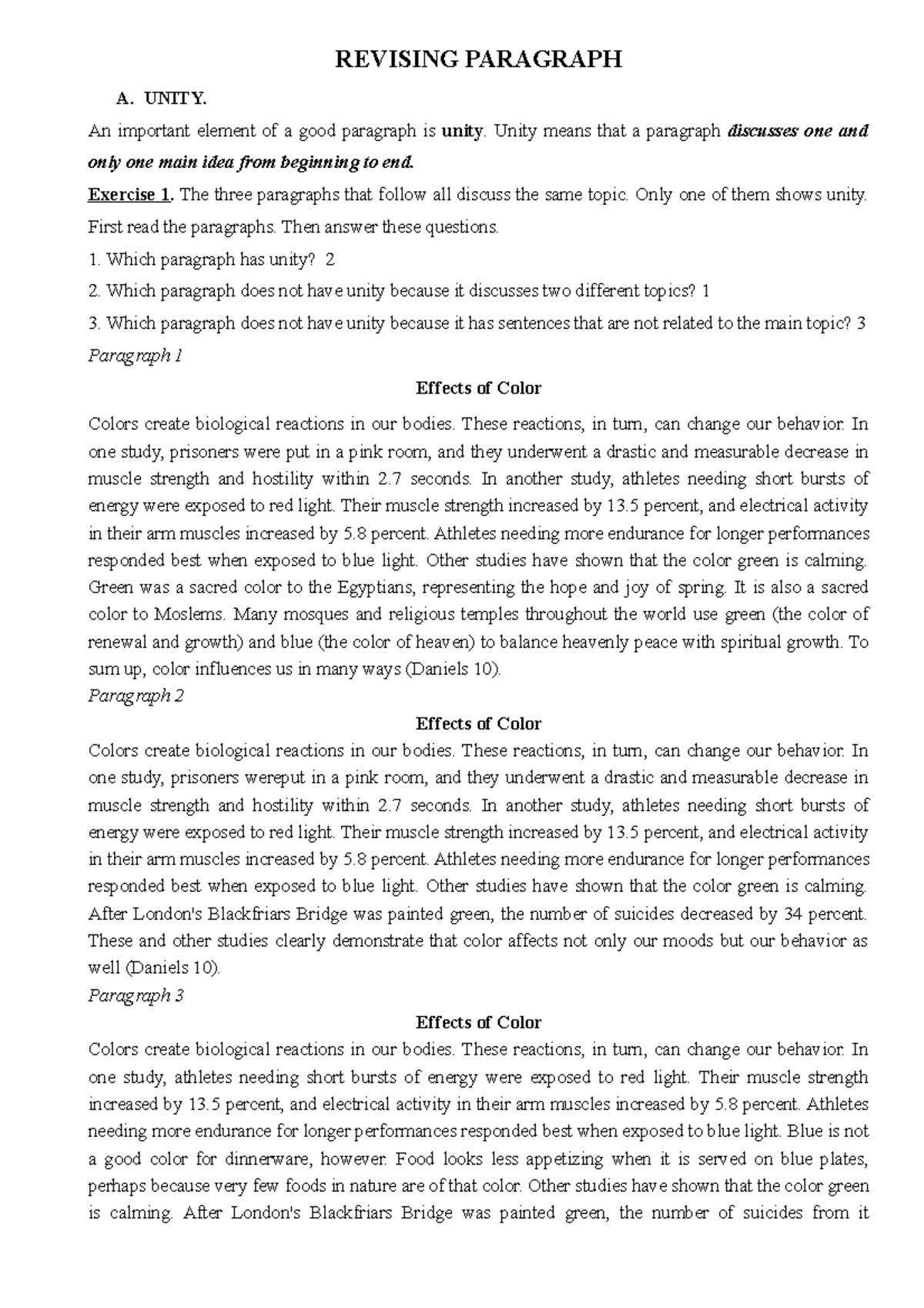 Revising- Paragraph - Good - REVISING PARAGRAPH A. UNITY. An important ...