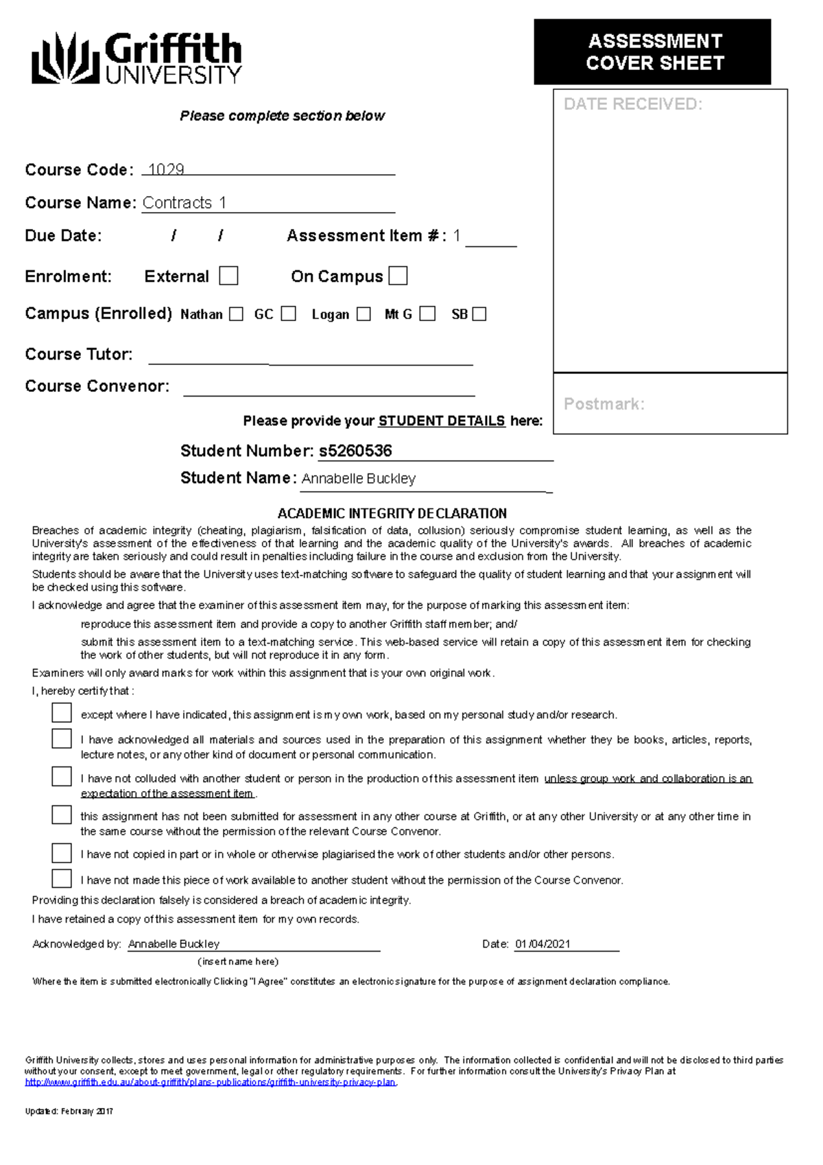 Contract 1 Offer and Acceptance Assignment - ASSESSMENT COVER SHEET ...