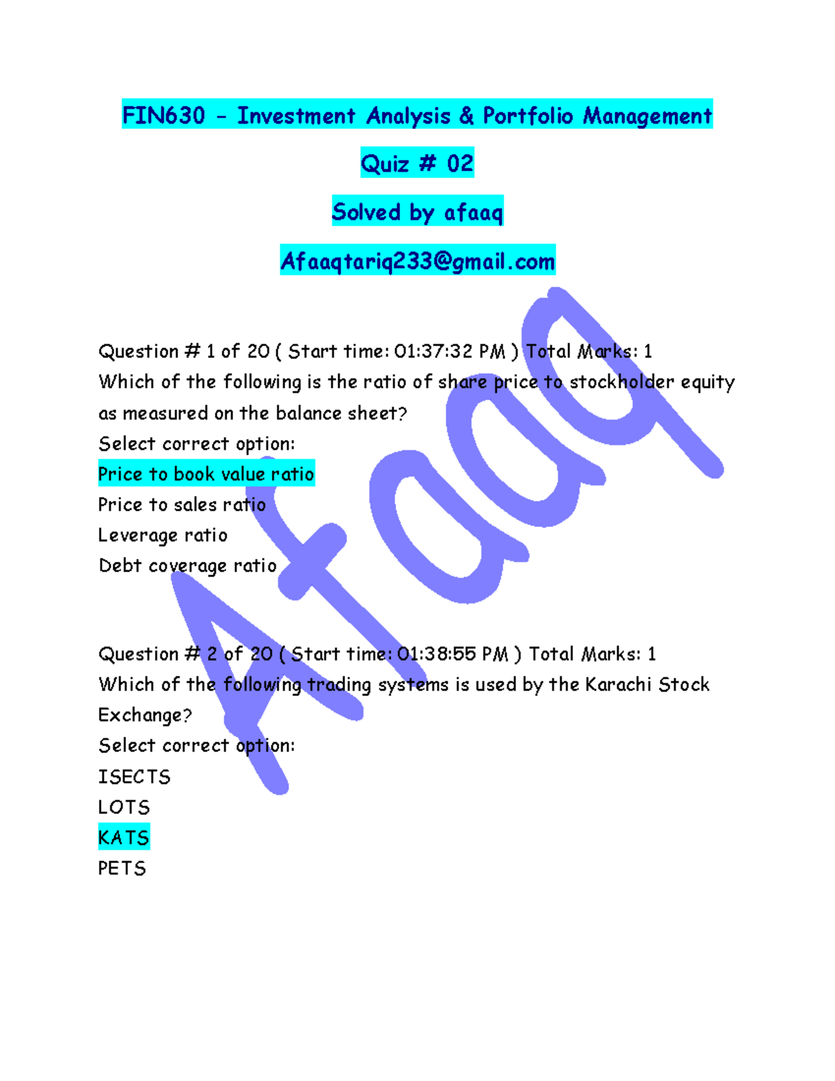 Investment Analysis & Portfolio Management - FIN630 Quiz 2 - FIN630 ...