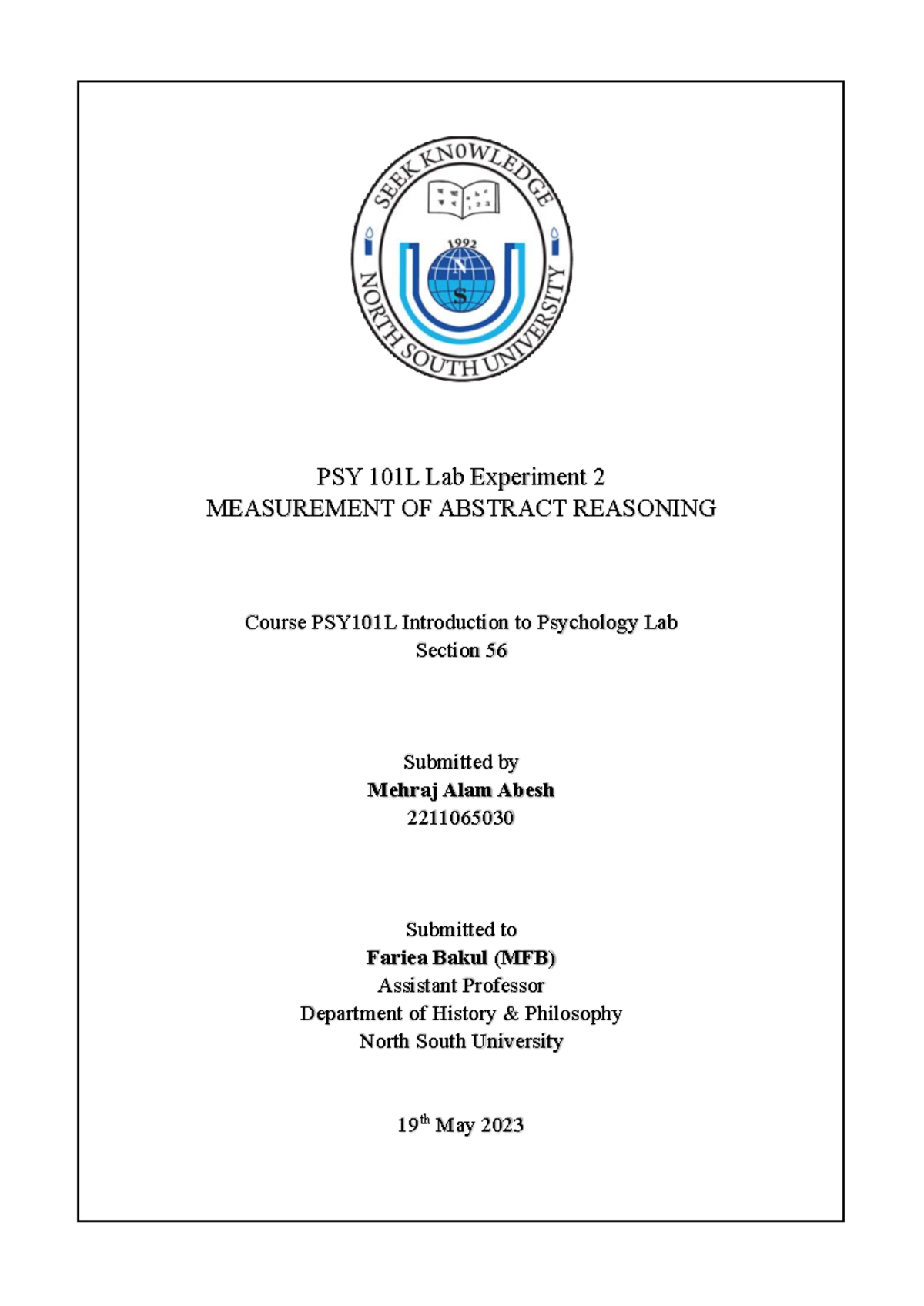 (dummy) PSY LAB Report 02 - PSY 101L Lab Experiment 2 MEASUREMENT OF ABSTRACT REASONING Course ...